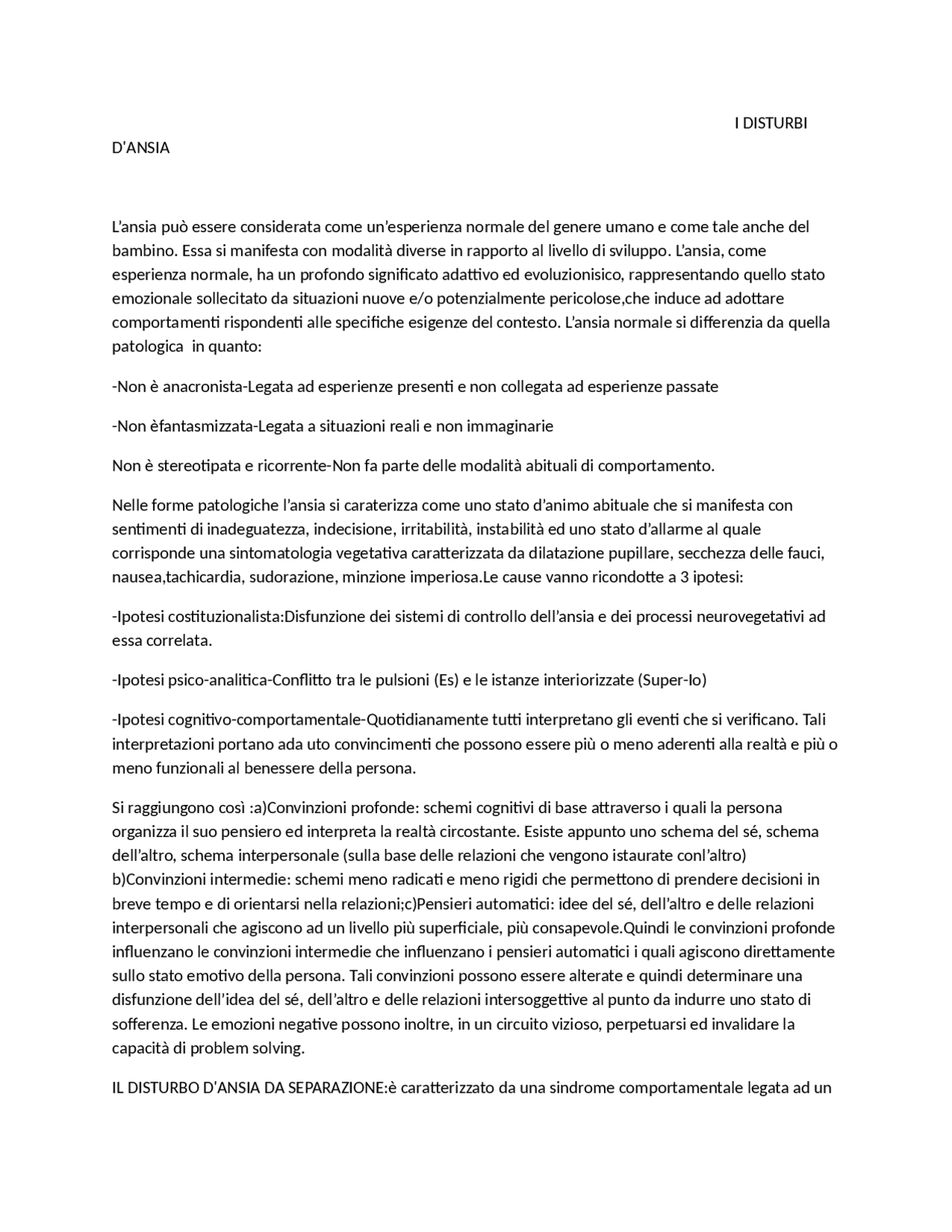 Riassunto I Disturbi Dansia Docsity