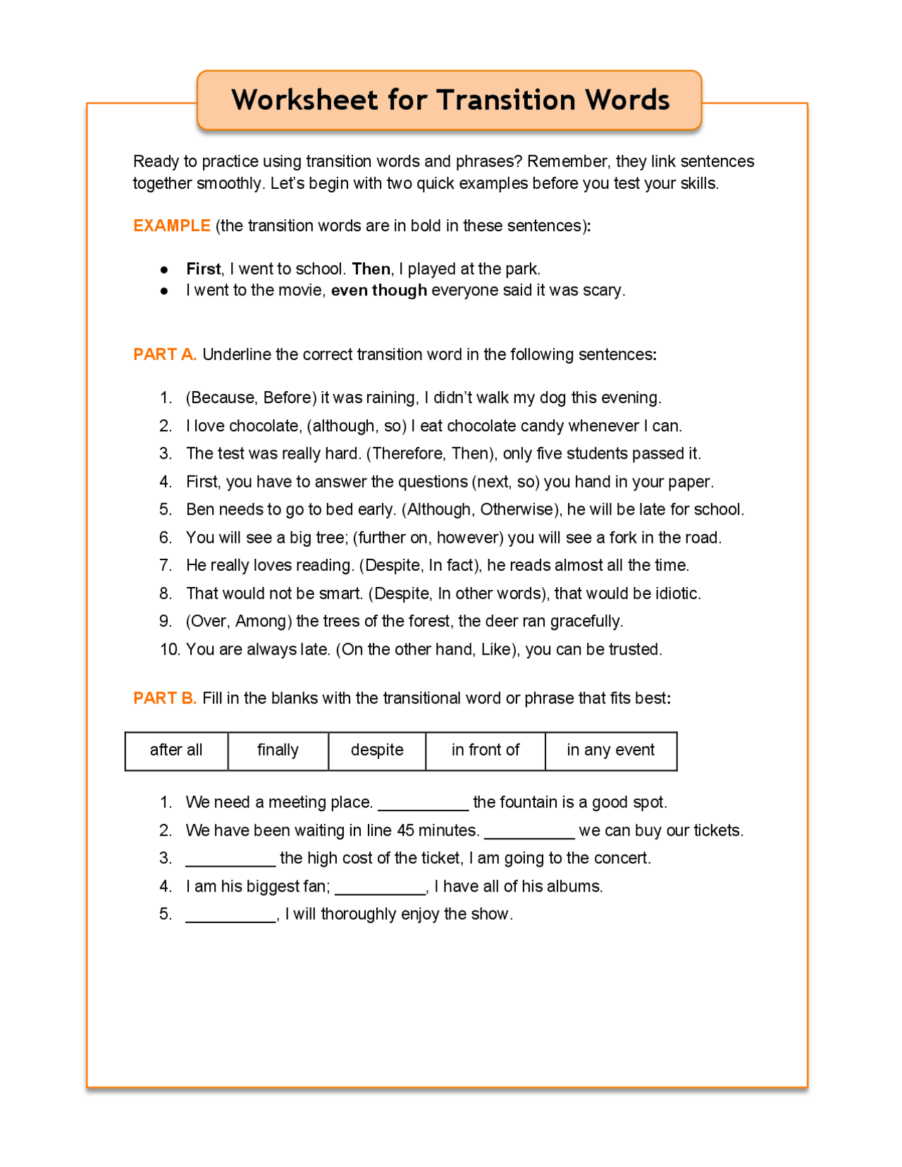 Worksheet For Transition Words - Docsity