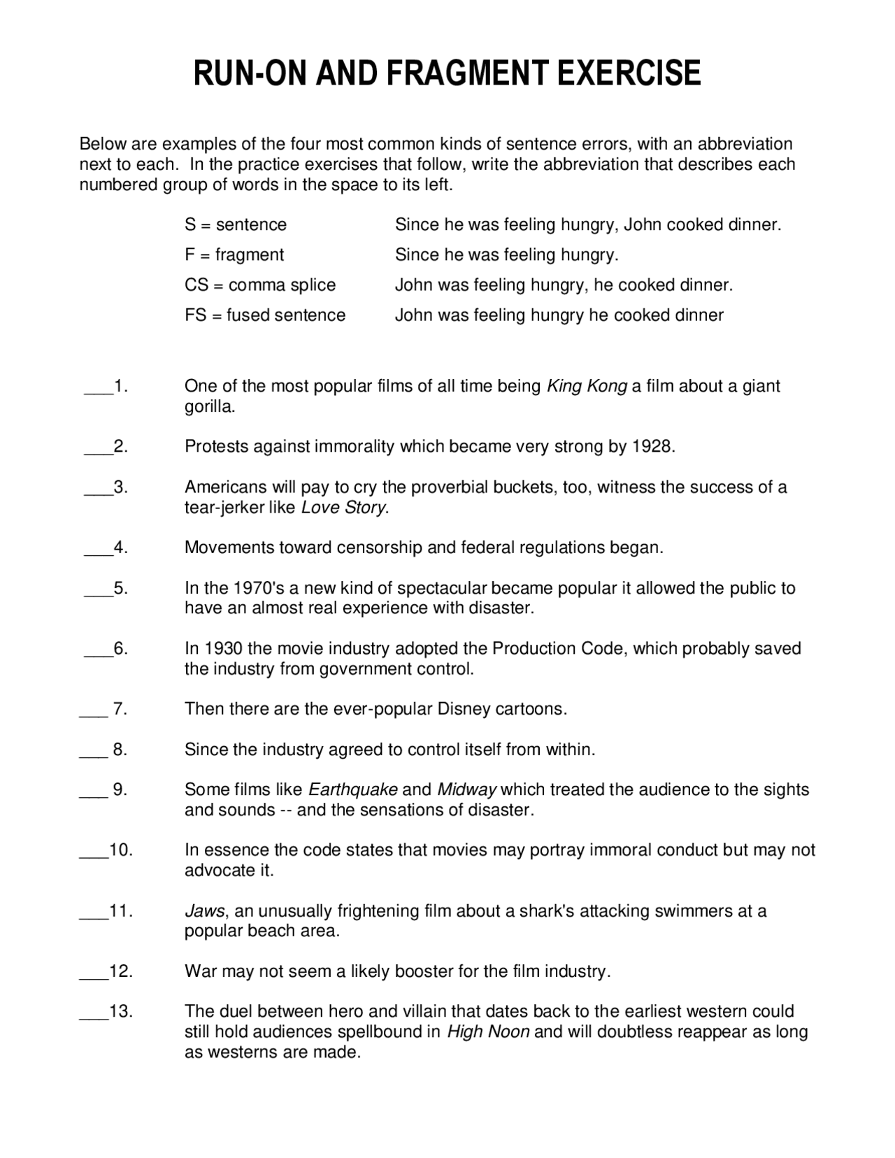 Run-On and Fragment Excercises | Exercises English | Docsity