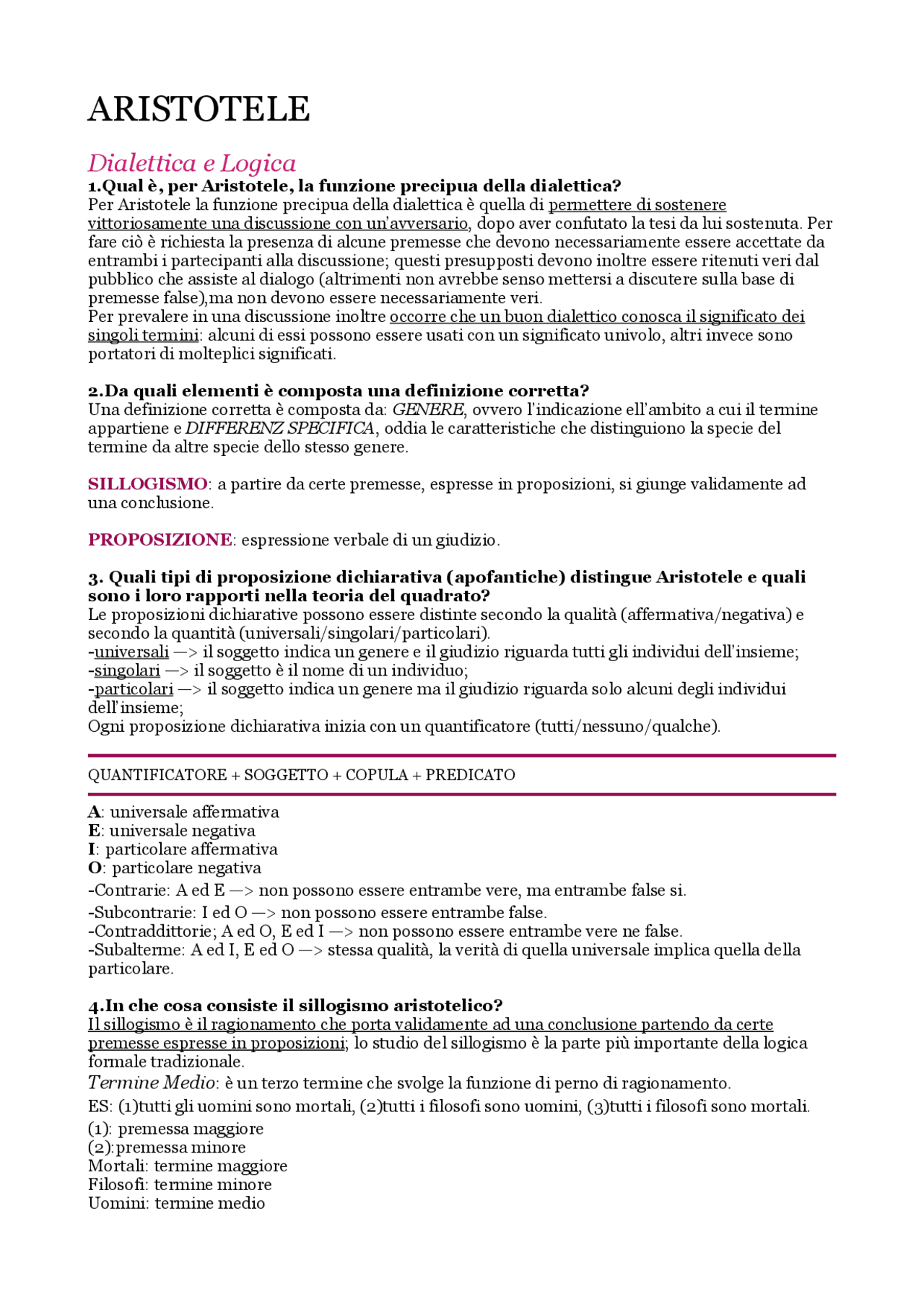 Appunti Su Aristotele Docsity