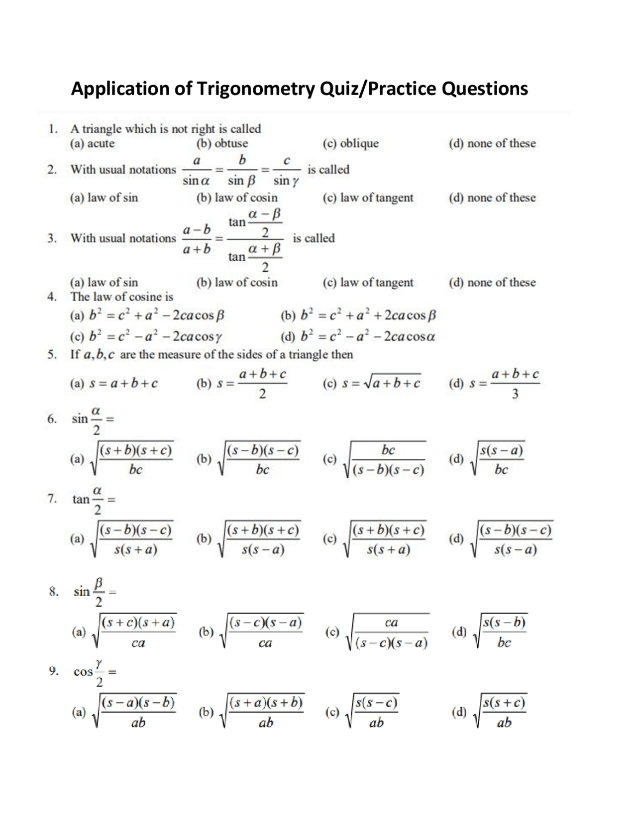 Application Of Trigonometry Quiz Practice Questions Mathematics Docsity