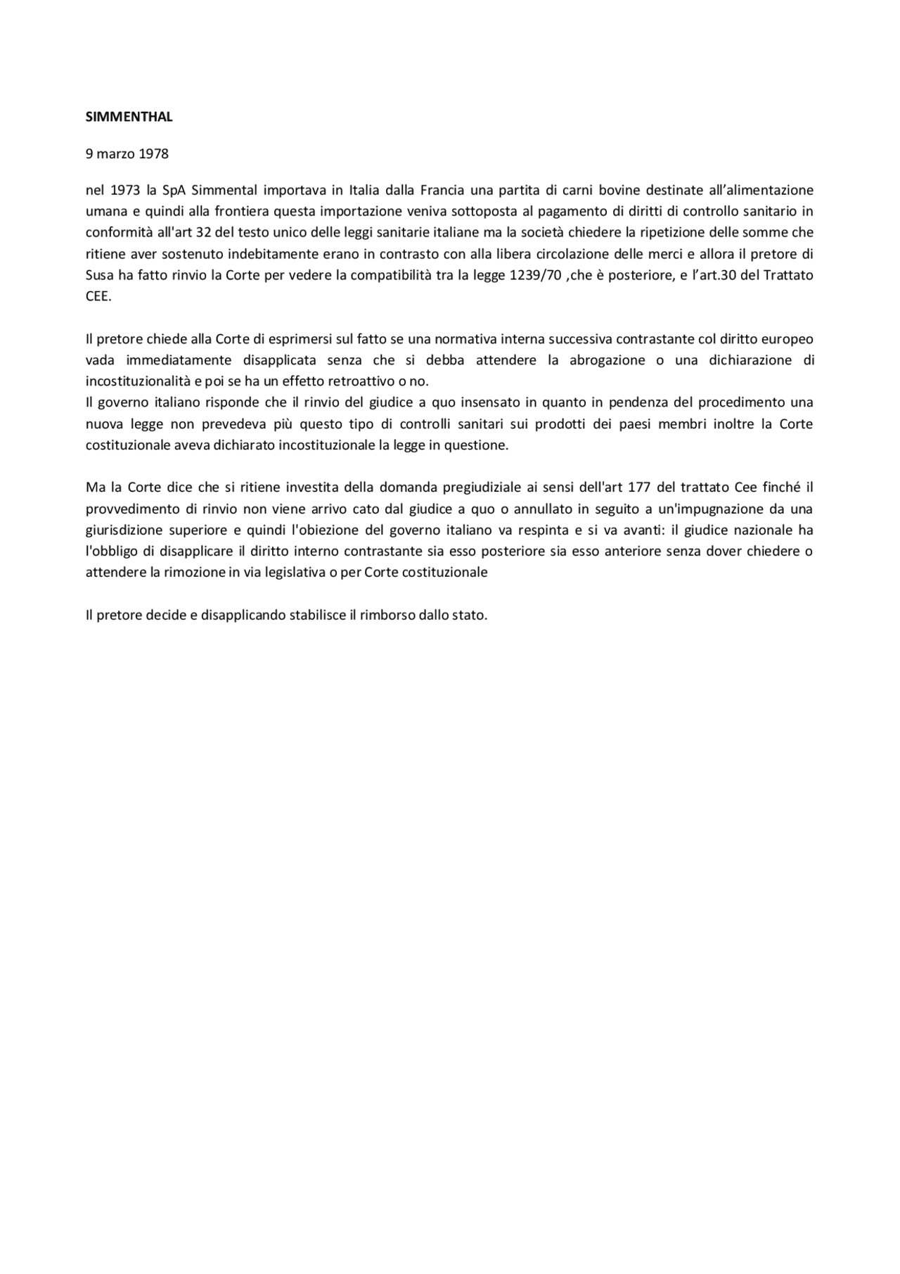 Simmenthal Sentenza Sintesi Docsity