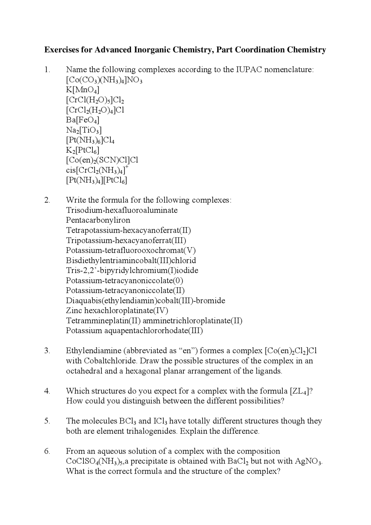 Exercises For Advanced Inorganic Chemistry Part Coordination Chemistry