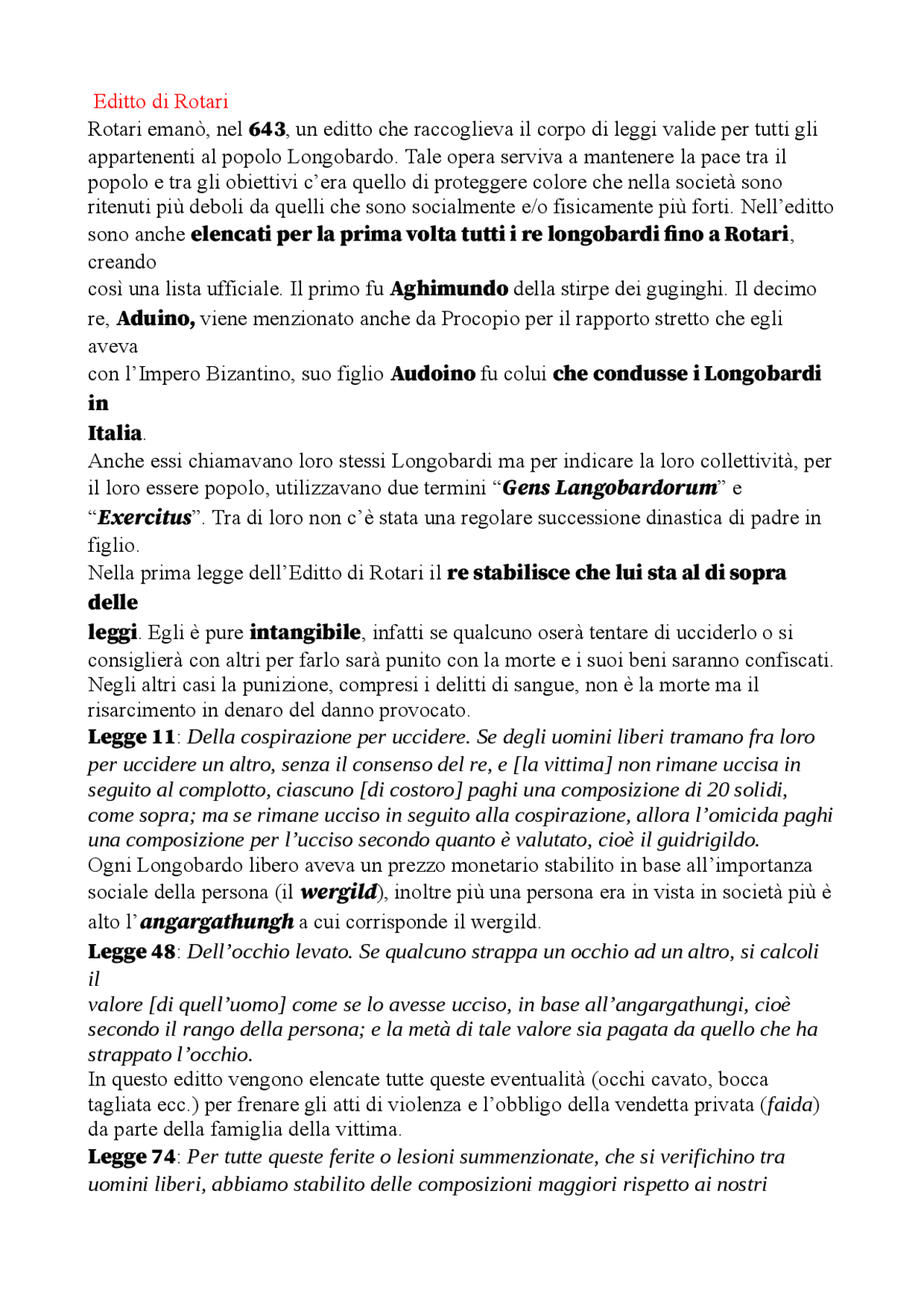 Spiegazione editto di Rotari | Appunti di Storia Medievale | Docsity