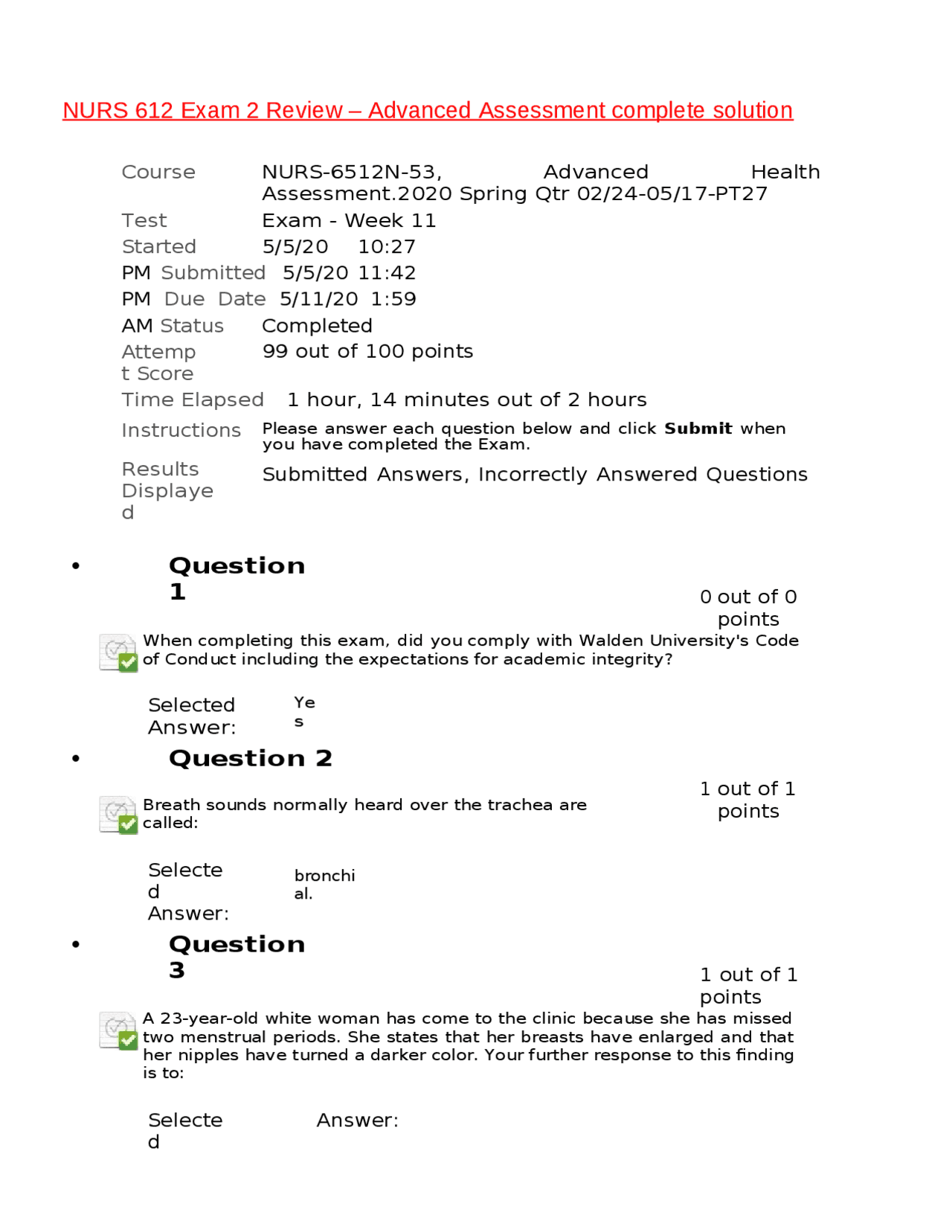 NURS 612 Exam 2 Review – Advanced Assessment complete solution - Docsity