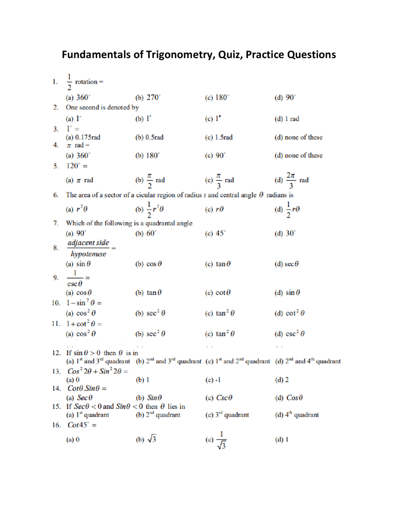 Fundamentals Of Trigonometry Quiz Practice Questions Mathematics