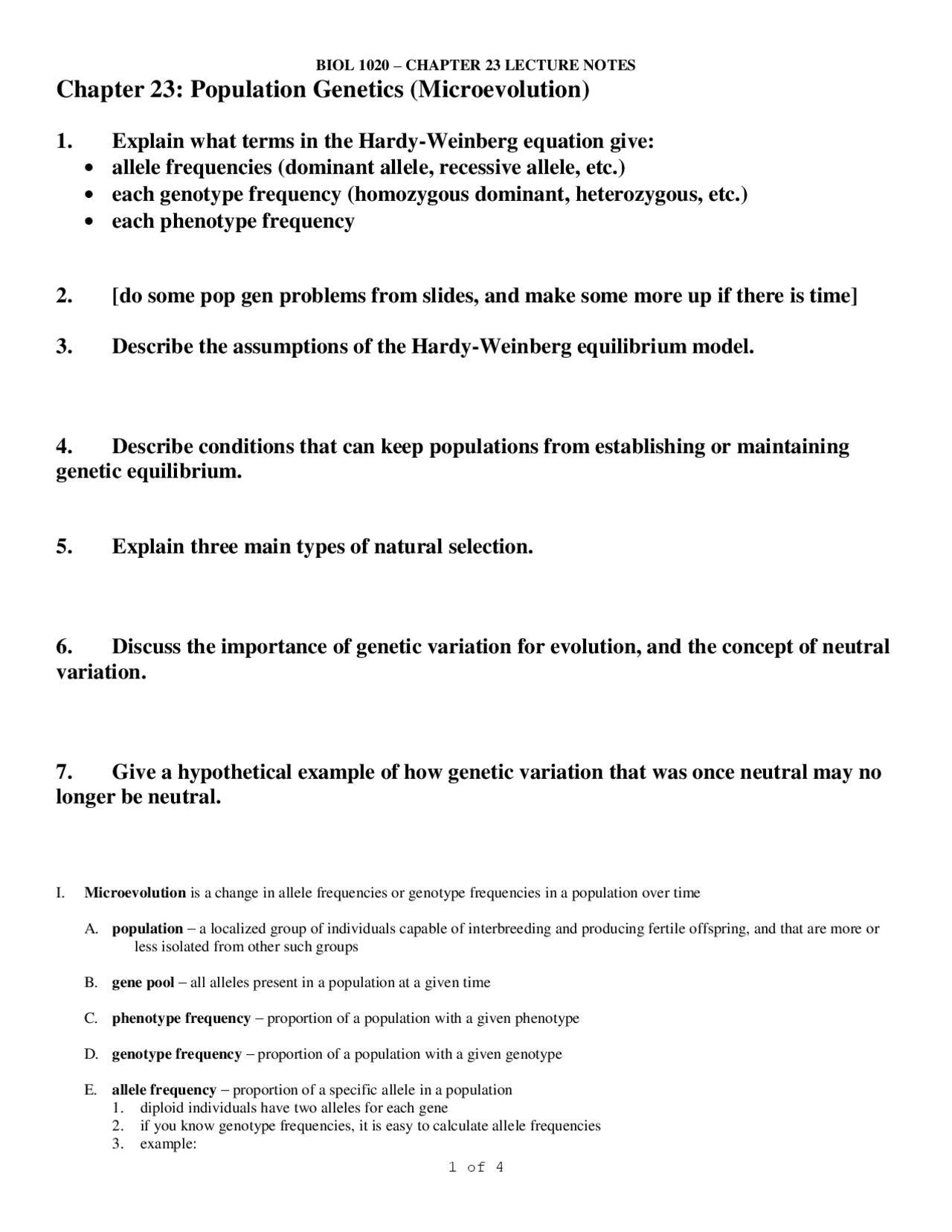Population Genetics Microevolution Docsity
