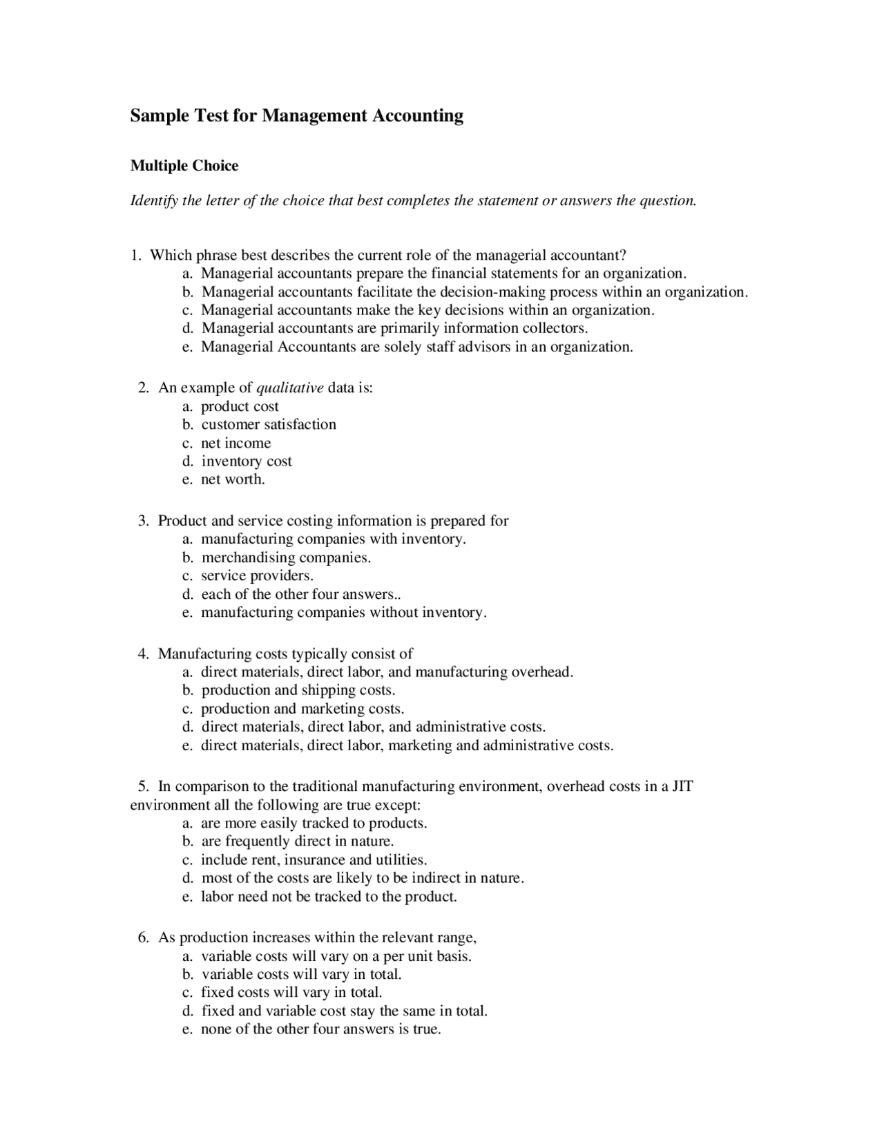 Sample Test for Management Accounting - Docsity