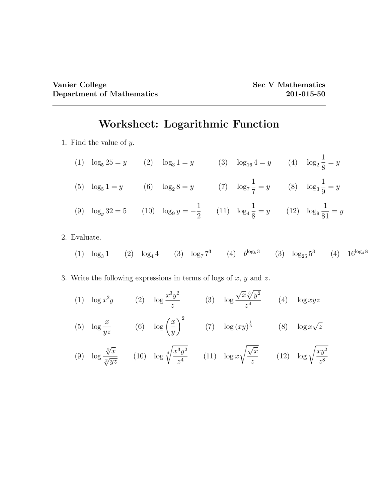 Worksheet Logarithmic Functions | Exercises Mathematics - Docsity