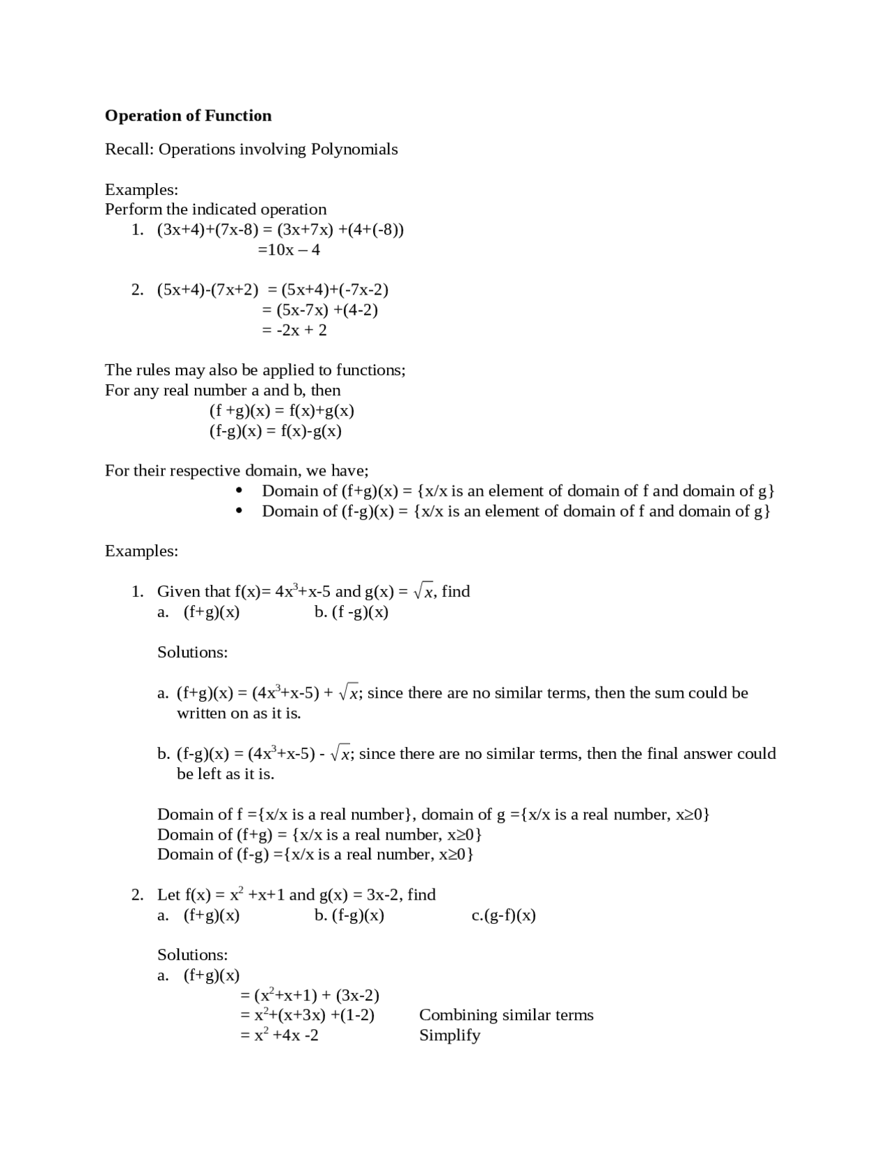 General Mathematics- Opeartions of functions - Docsity