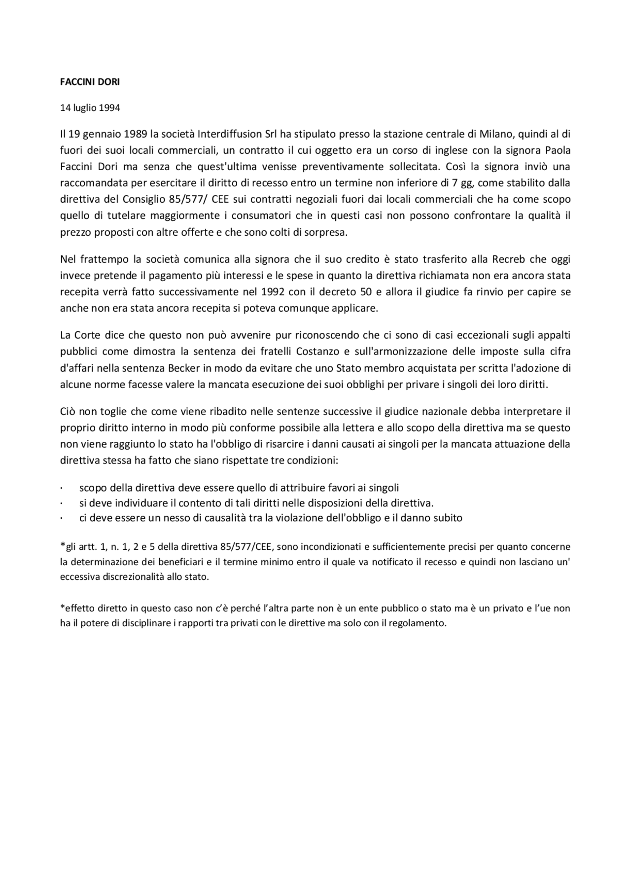 Faccini Dori Sentenza Sintesi Docsity