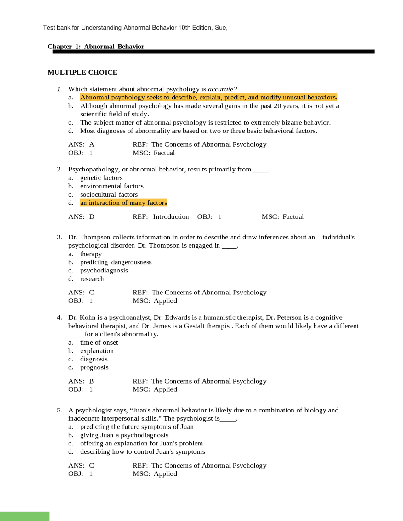Test bank for Understanding Abnormal Behavior 10th Edition by Sue ...
