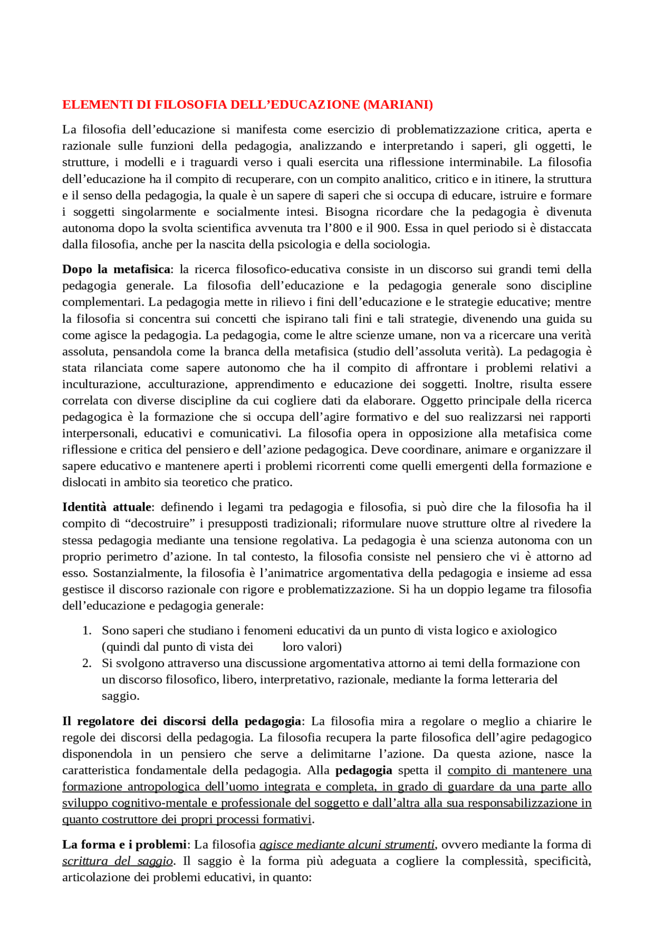 Riassunto Del Libro Elementi Di Filosofia Delleducazione Docsity