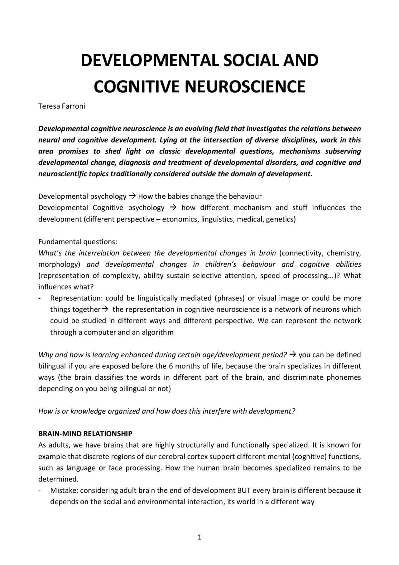 Developmental Cognitive Social Neuroscience Docsity