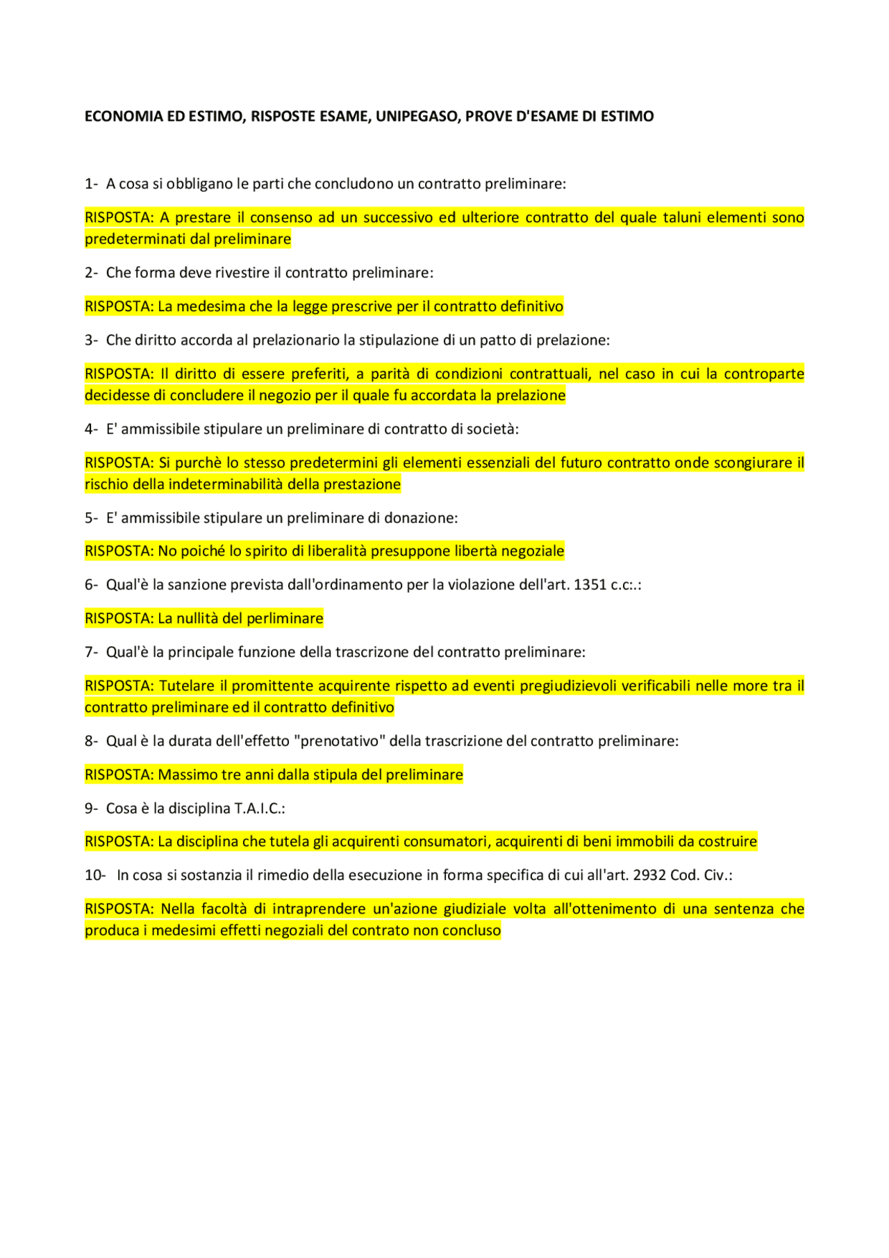 ECONOMIA ED ESTIMO - RISPOSTE ESAME CORRETTE - Docsity