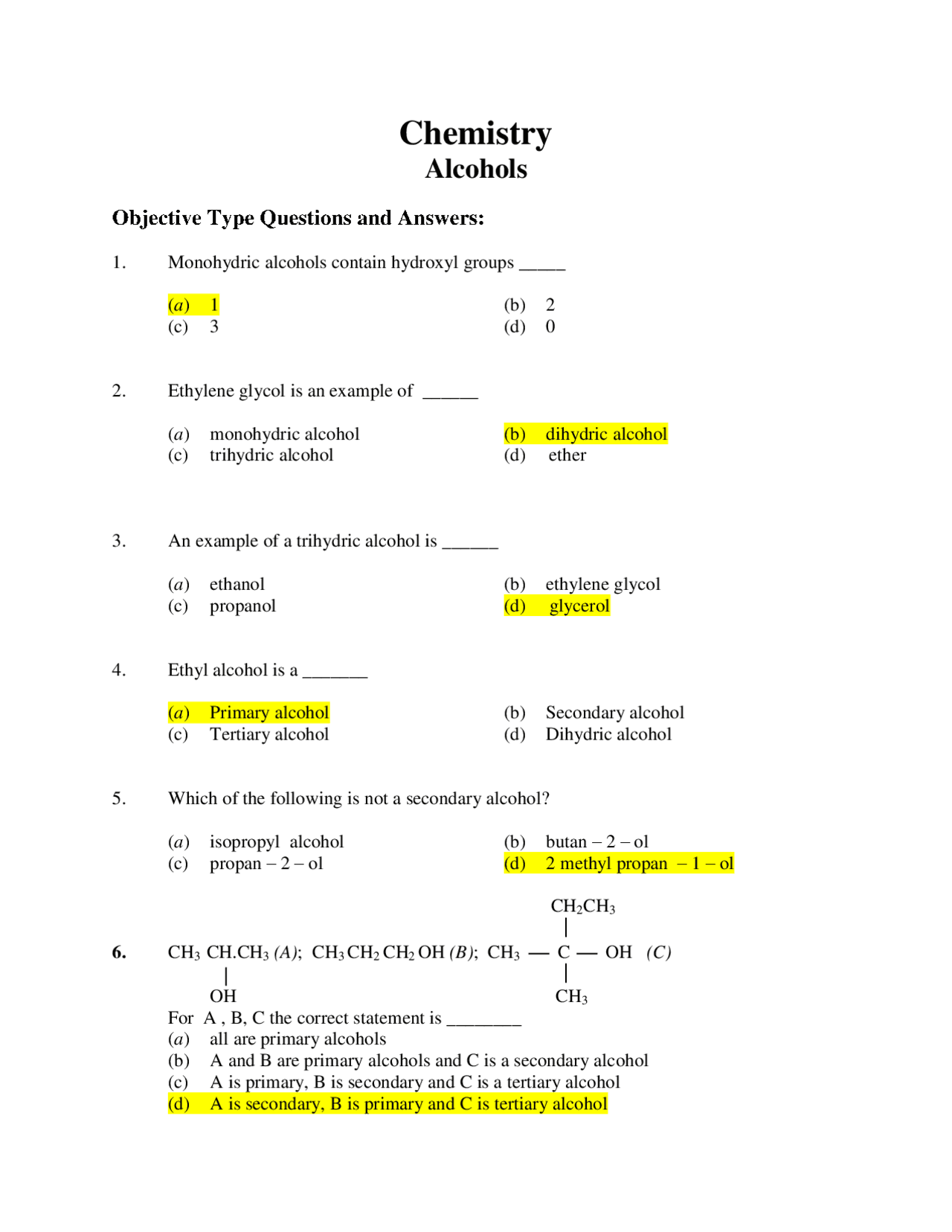 Alcohols Objective type Questions and Answers - Docsity