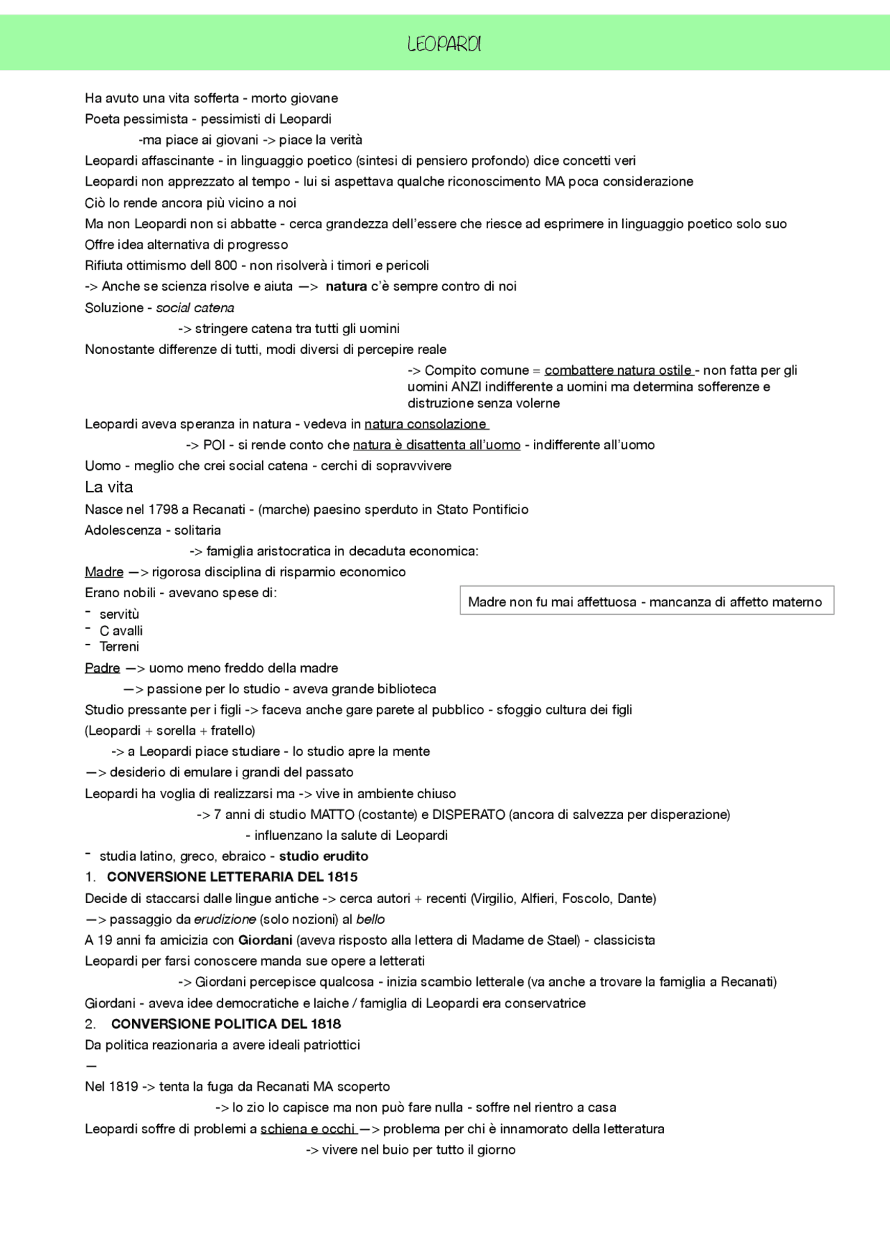 Leopardi Vita E Testi Docsity