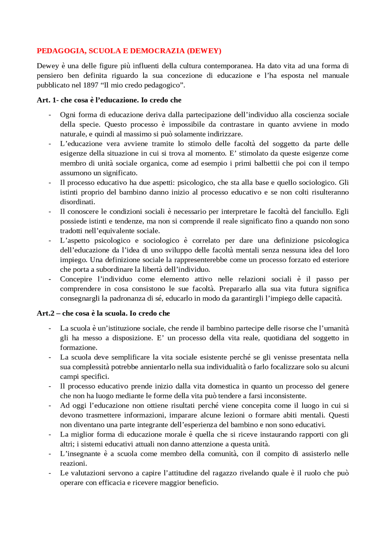 Riassunto Libro John Dewey Docsity