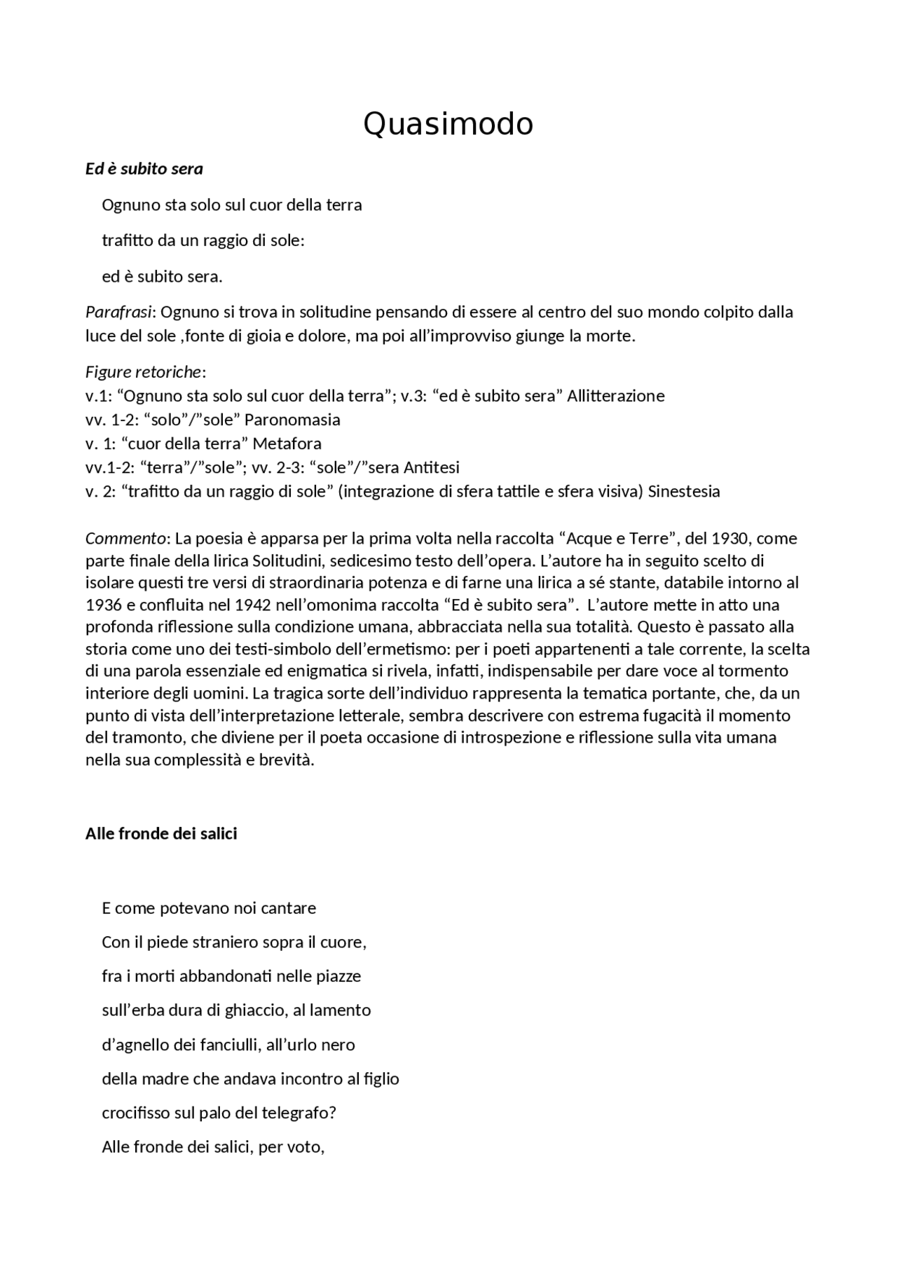 Analisi E Commento Poesie Di Quasimodo Docsity