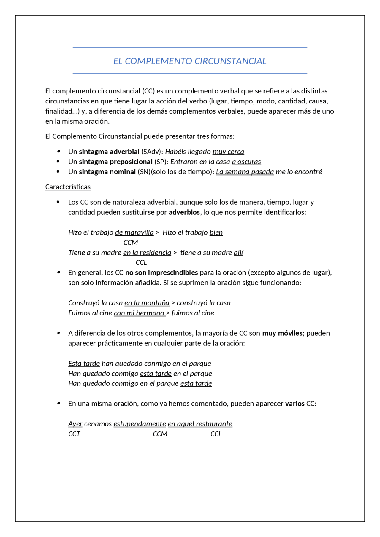 El Complemento Circunstancial | Esquemas y mapas conceptuales de Lengua y Literatura | Docsity