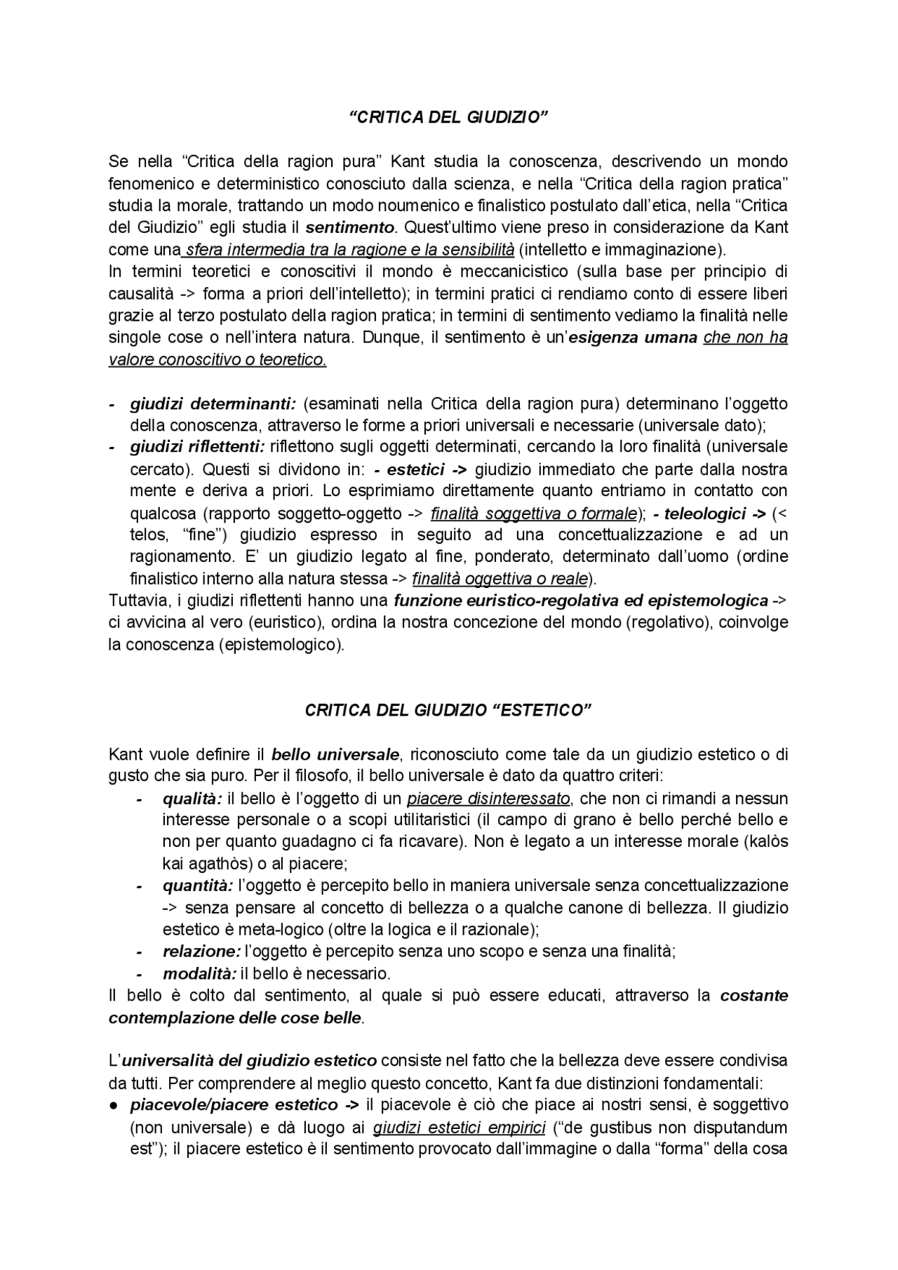 Kant Critica Del Giudizio Docsity