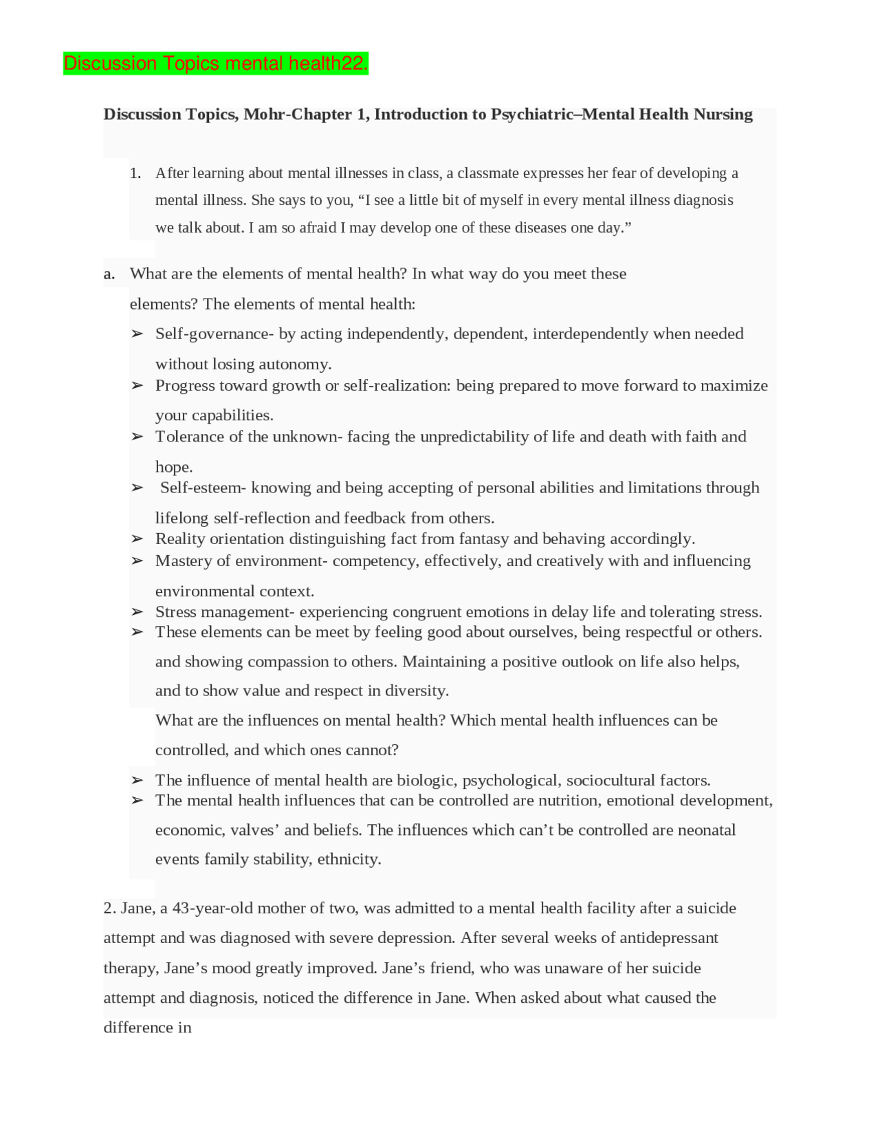 Discussion Topics mental health22. - Docsity