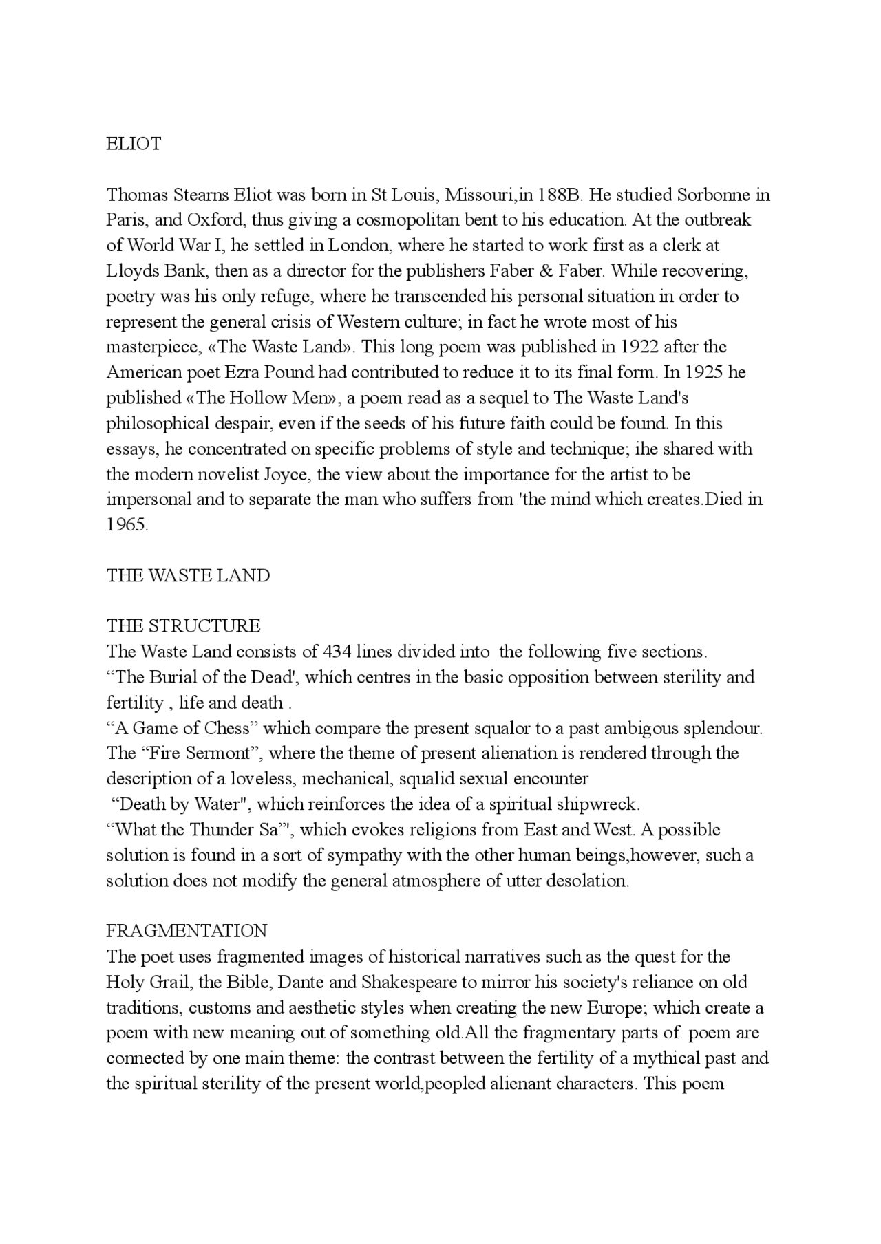 Eliot Riassunto In Inglese Docsity