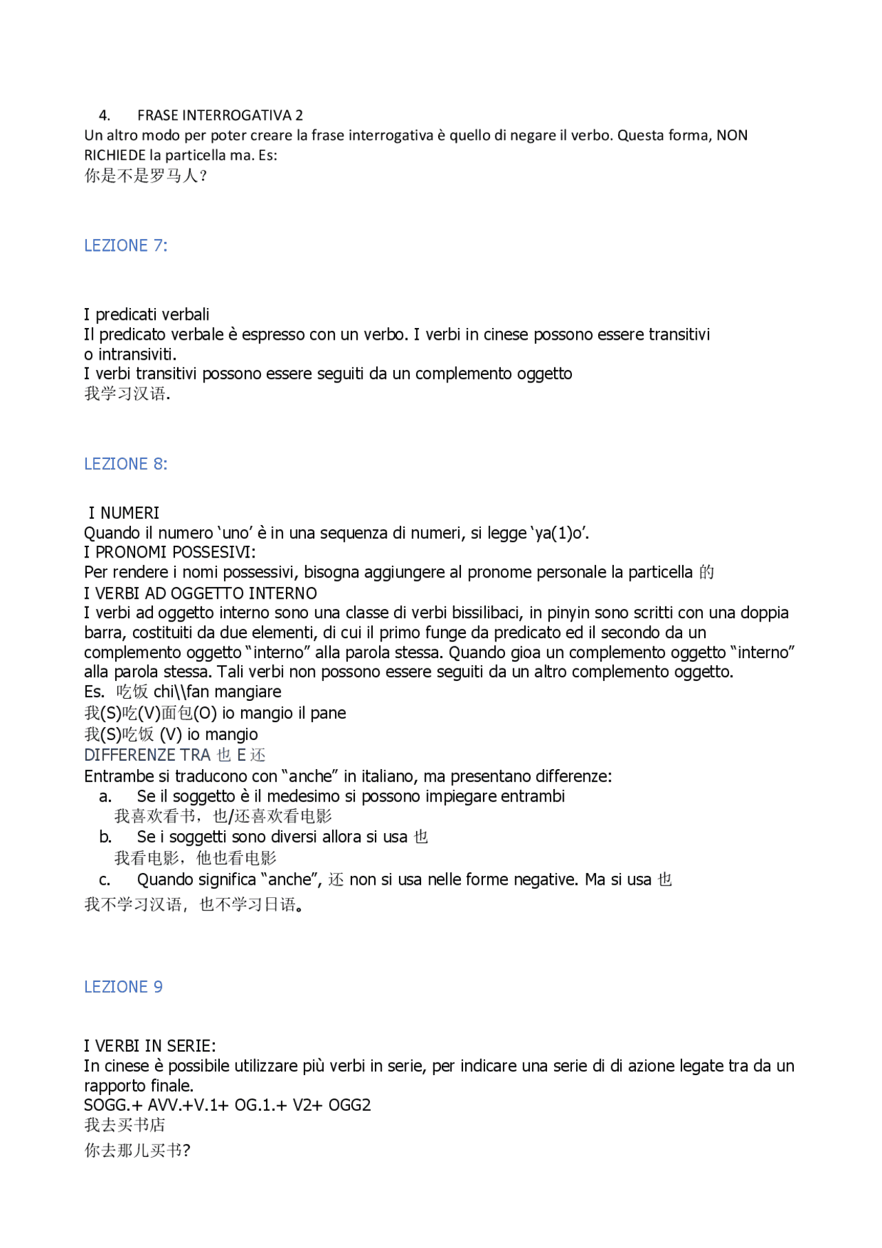 Grammatica Cinese 1 Da Lezione 7 A 18 Docsity
