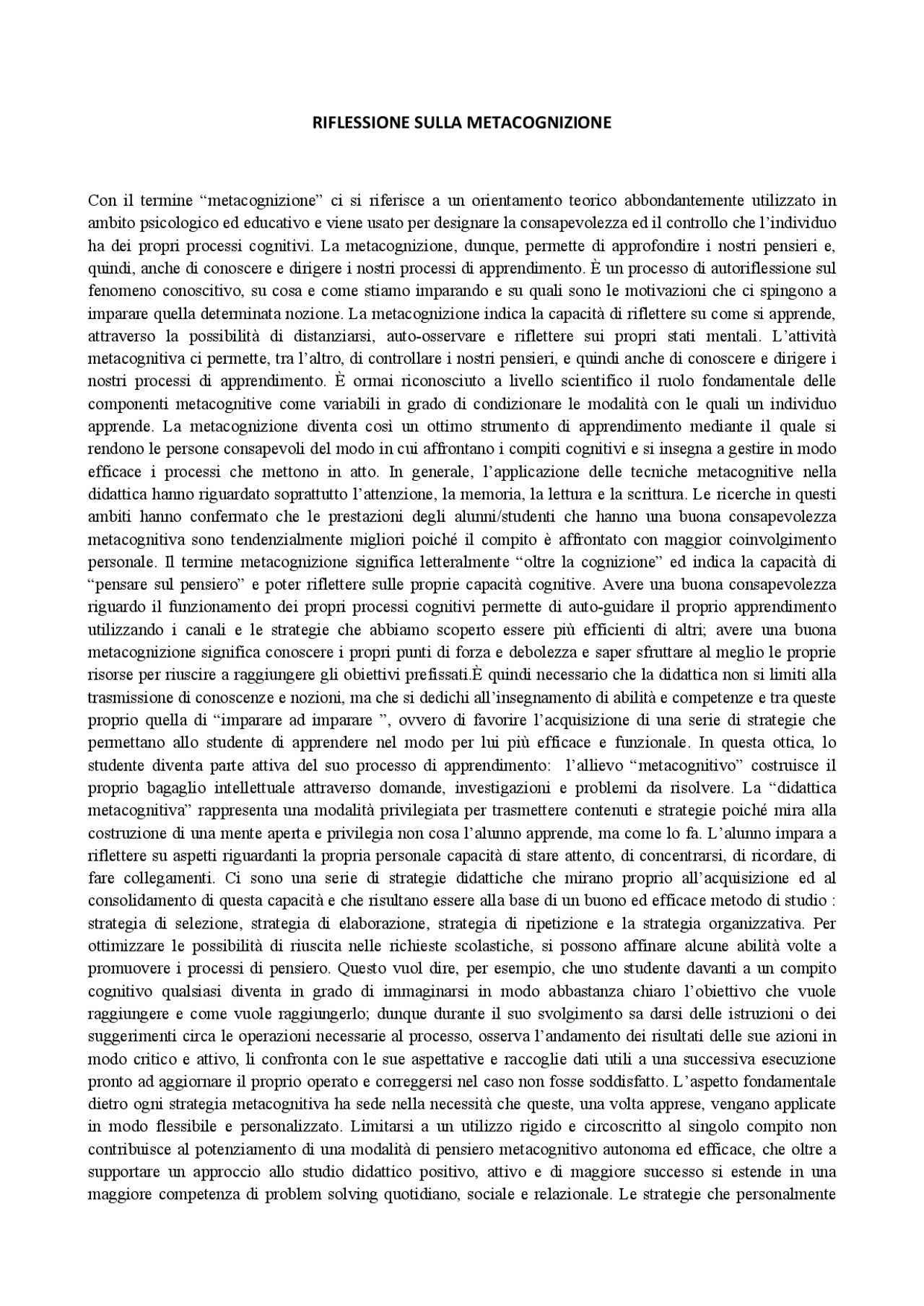 Riflessione Metacognitiva - Docsity
