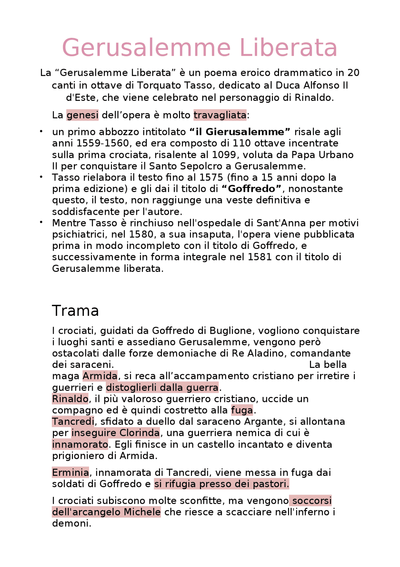 Appunti Sulla Gerusalemme Liberata Di Tasso Docsity