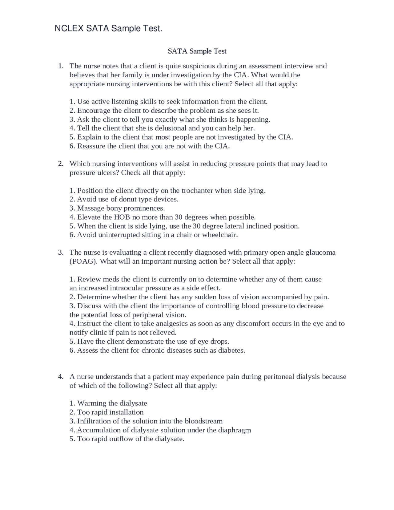 NCLEX SATA Sample Test. - Docsity