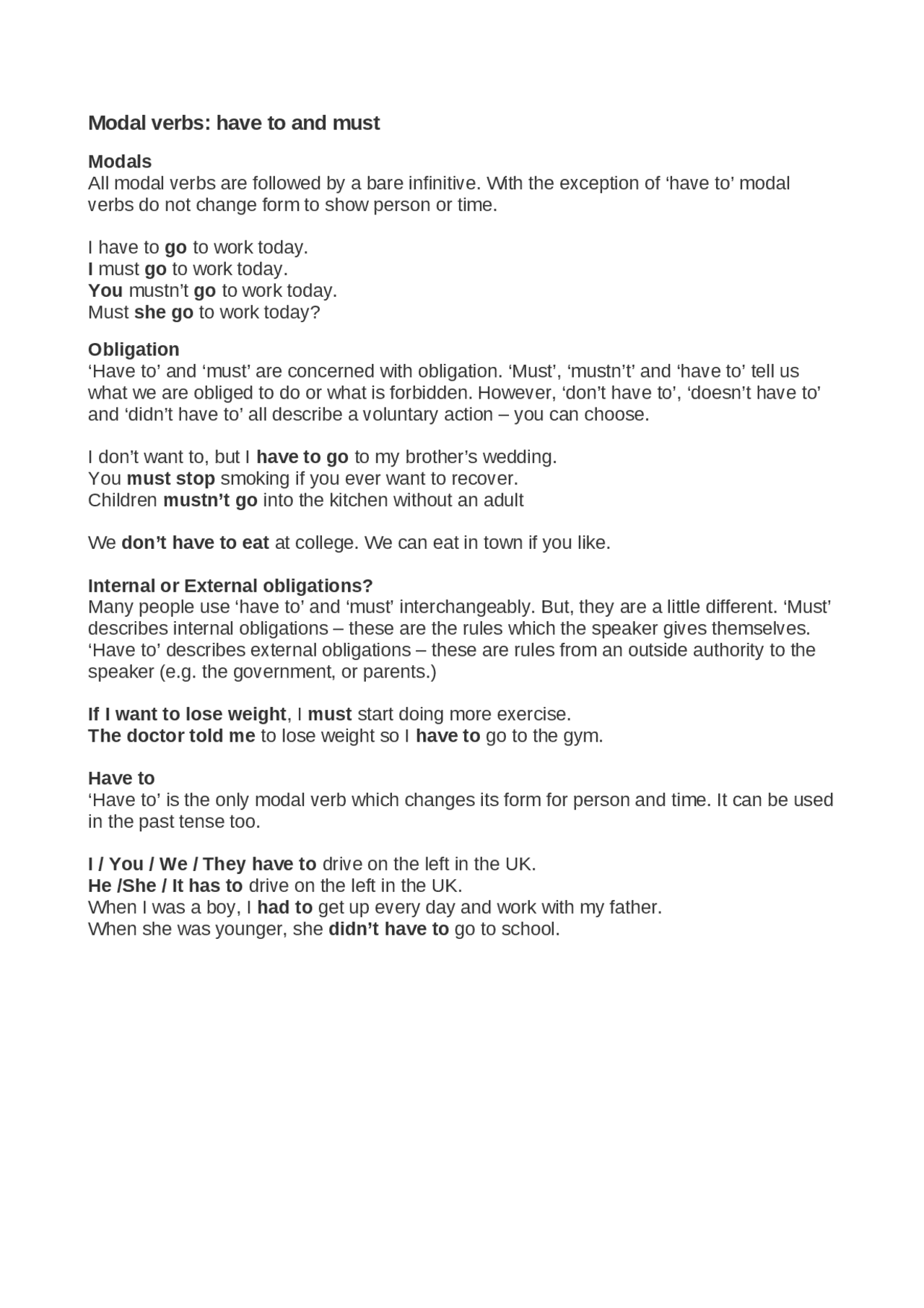 English Grammar: Modal verbs Have to & Must - Docsity