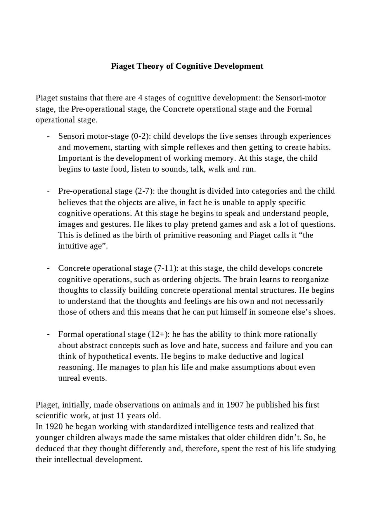 Piaget Theory Of Cognitive Development Docsity