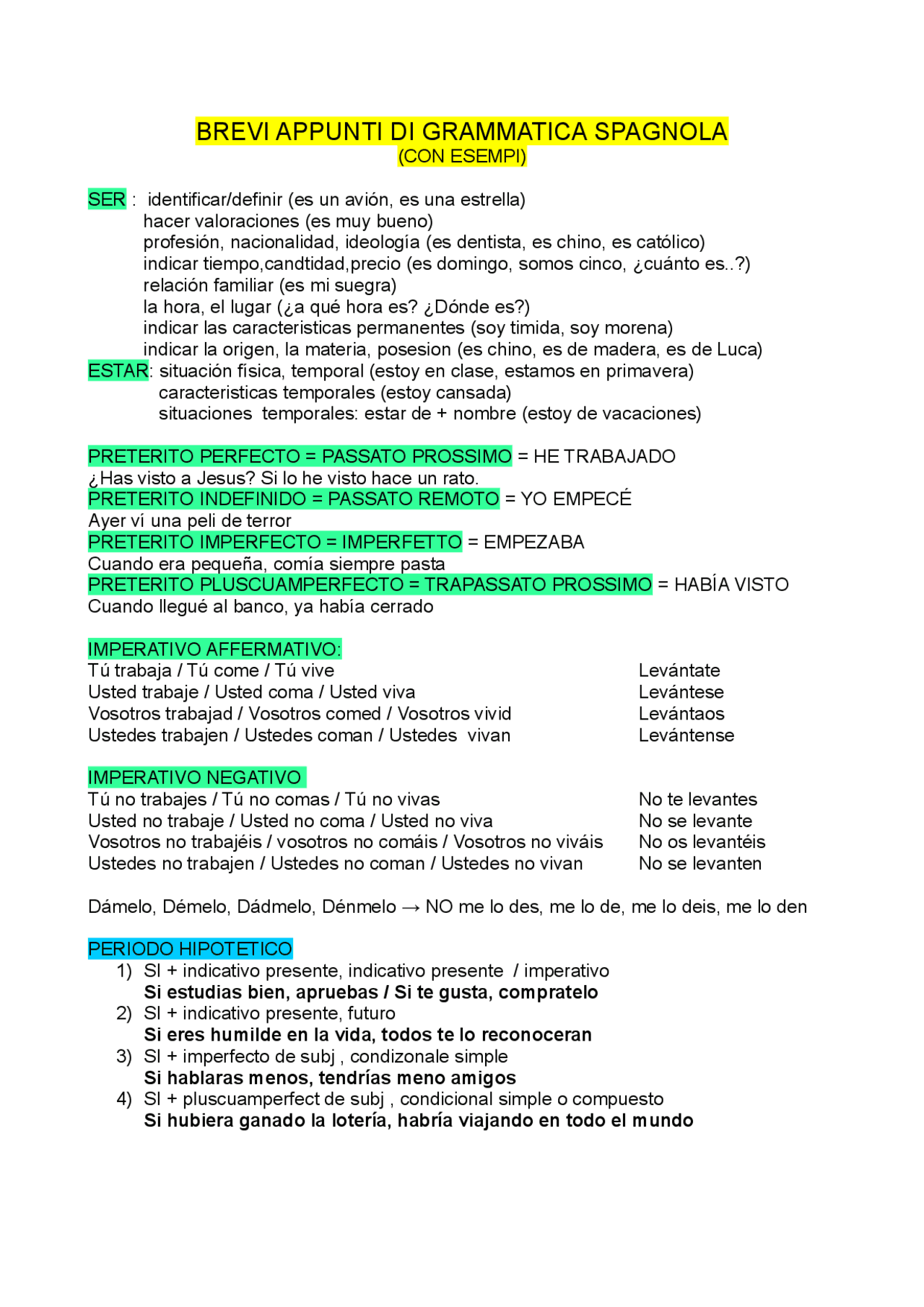 Schema Sulla Grammatica Spagnola Docsity