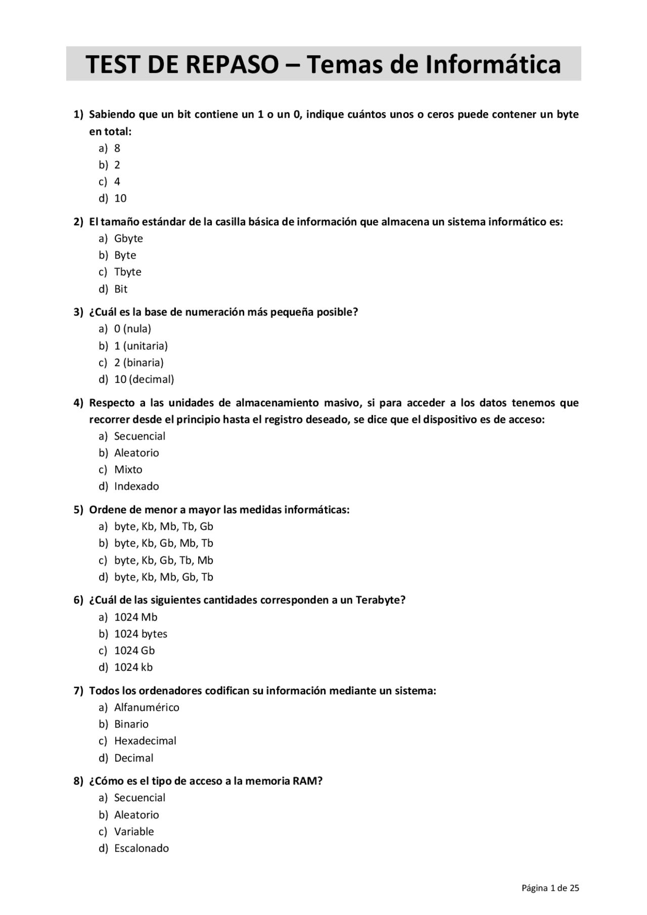 Test de repaso de informática básica - Docsity