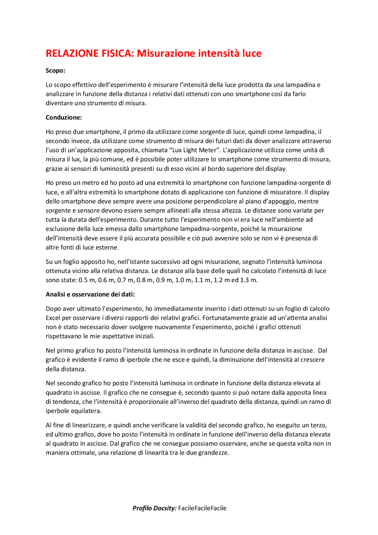 Relazione Intensita Luce Docsity