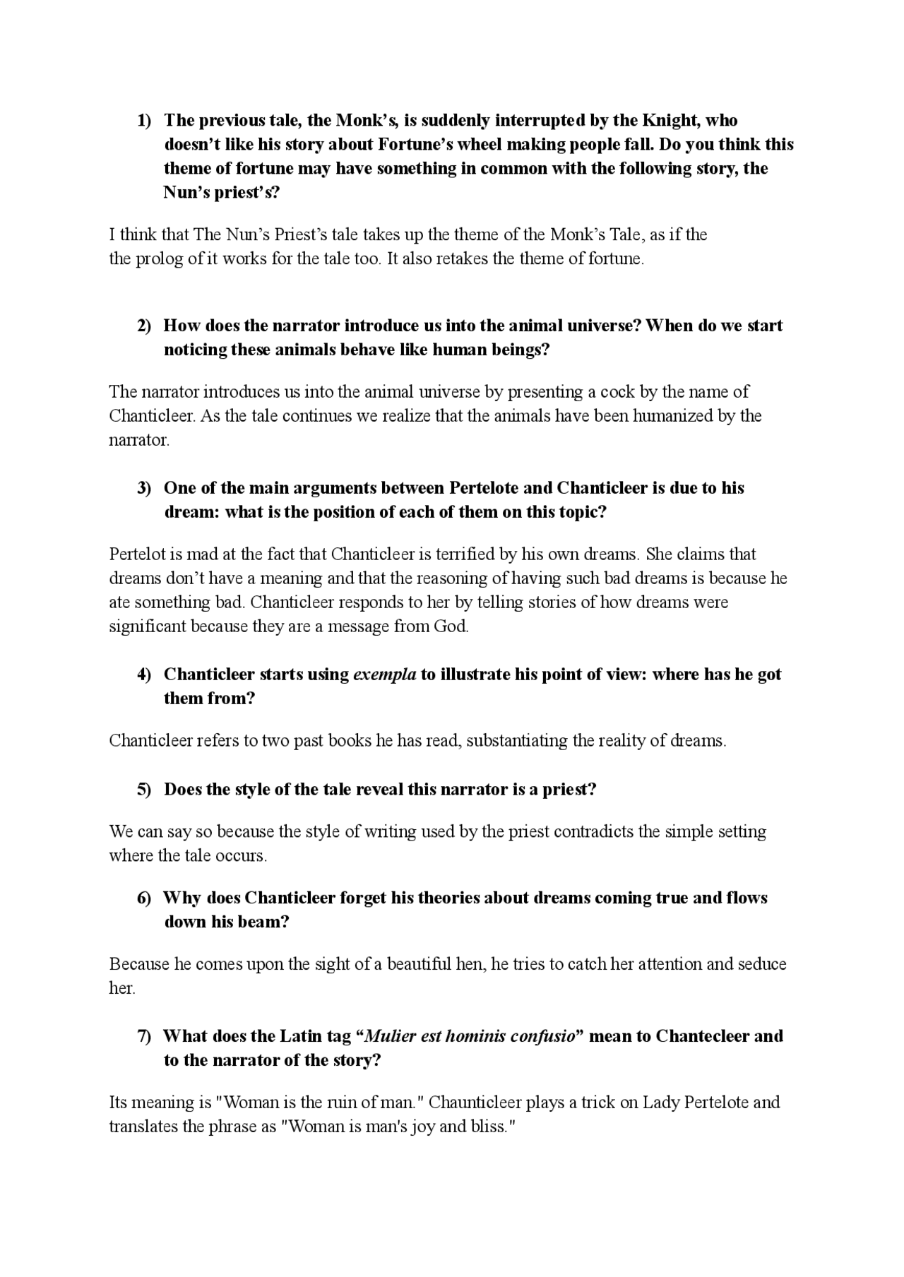 The Nun's Priest Tale, seminar - Docsity