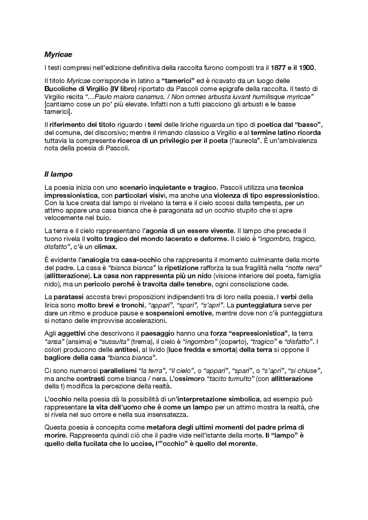 Pascoli Introduzione A Myricae E Il Lampo Docsity