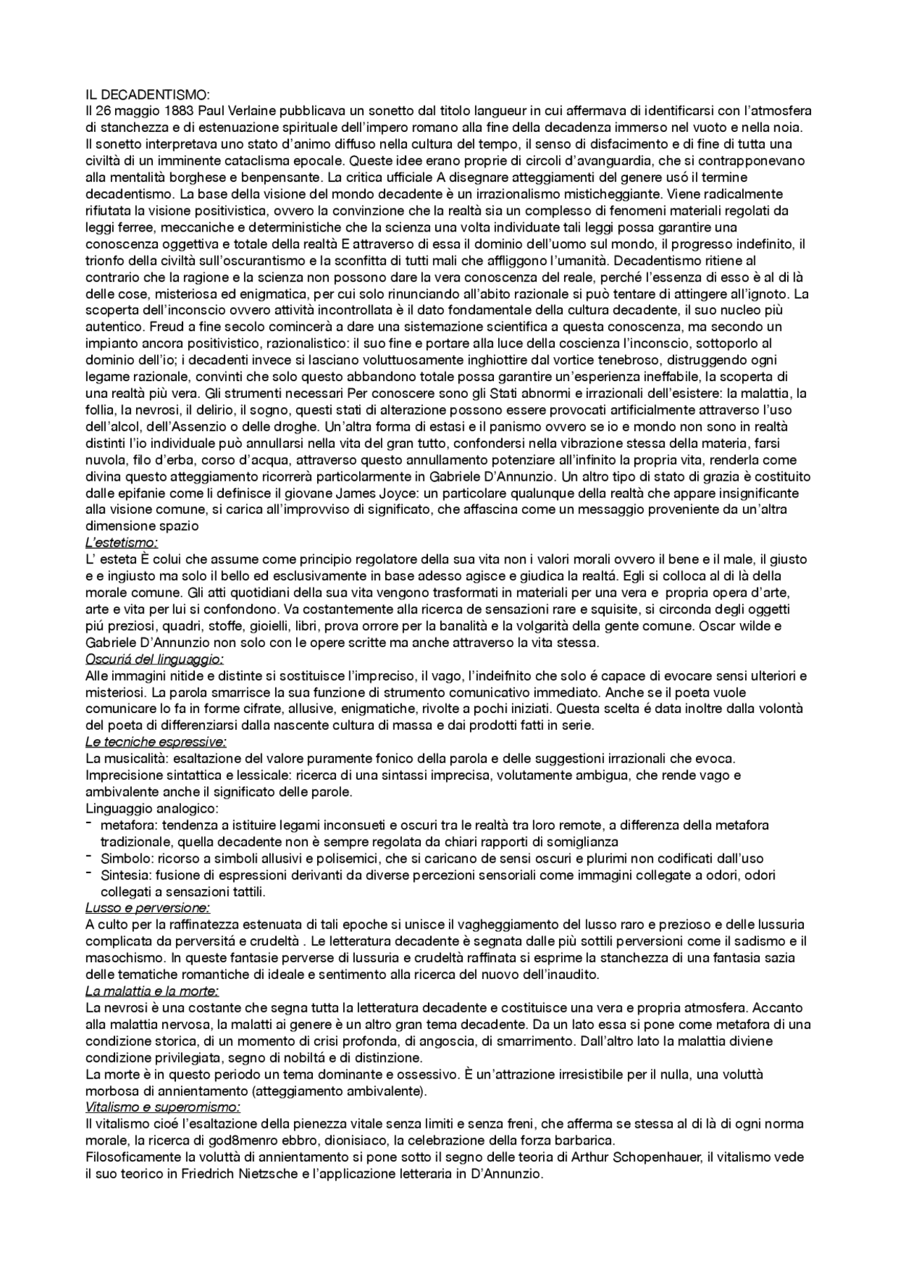 Appunti Decadentismo Italiano Docsity