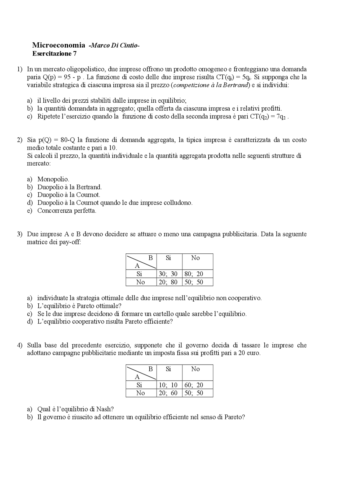 Esercizi Microeconomia Docsity