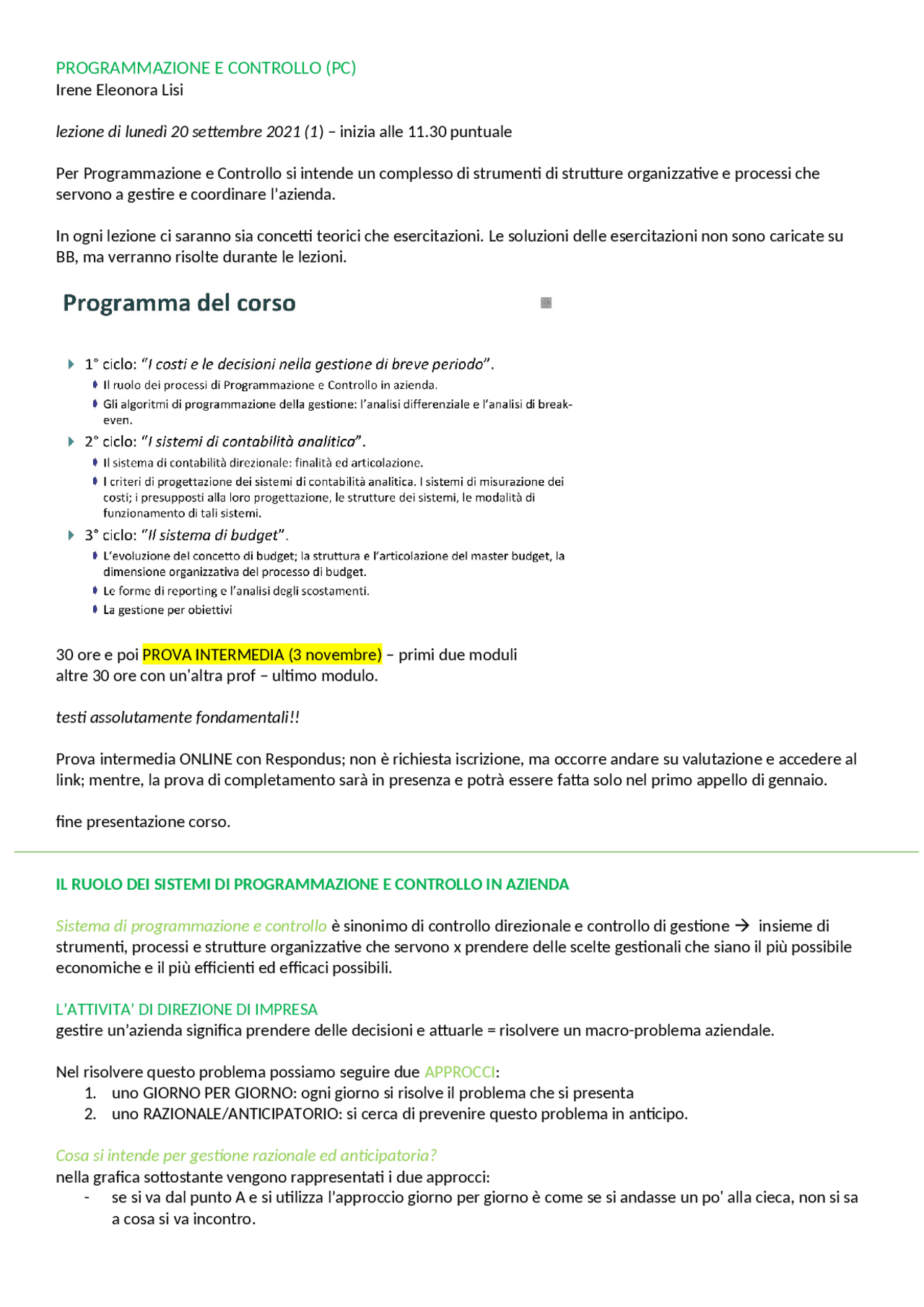PROGRAMMAZIONE E CONTROLLO - Docsity
