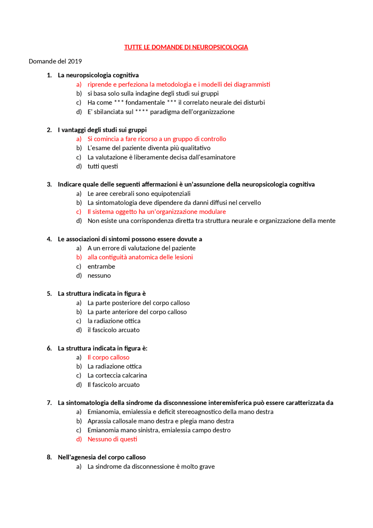 Possibili Domande Di Neuropsicologia Docsity