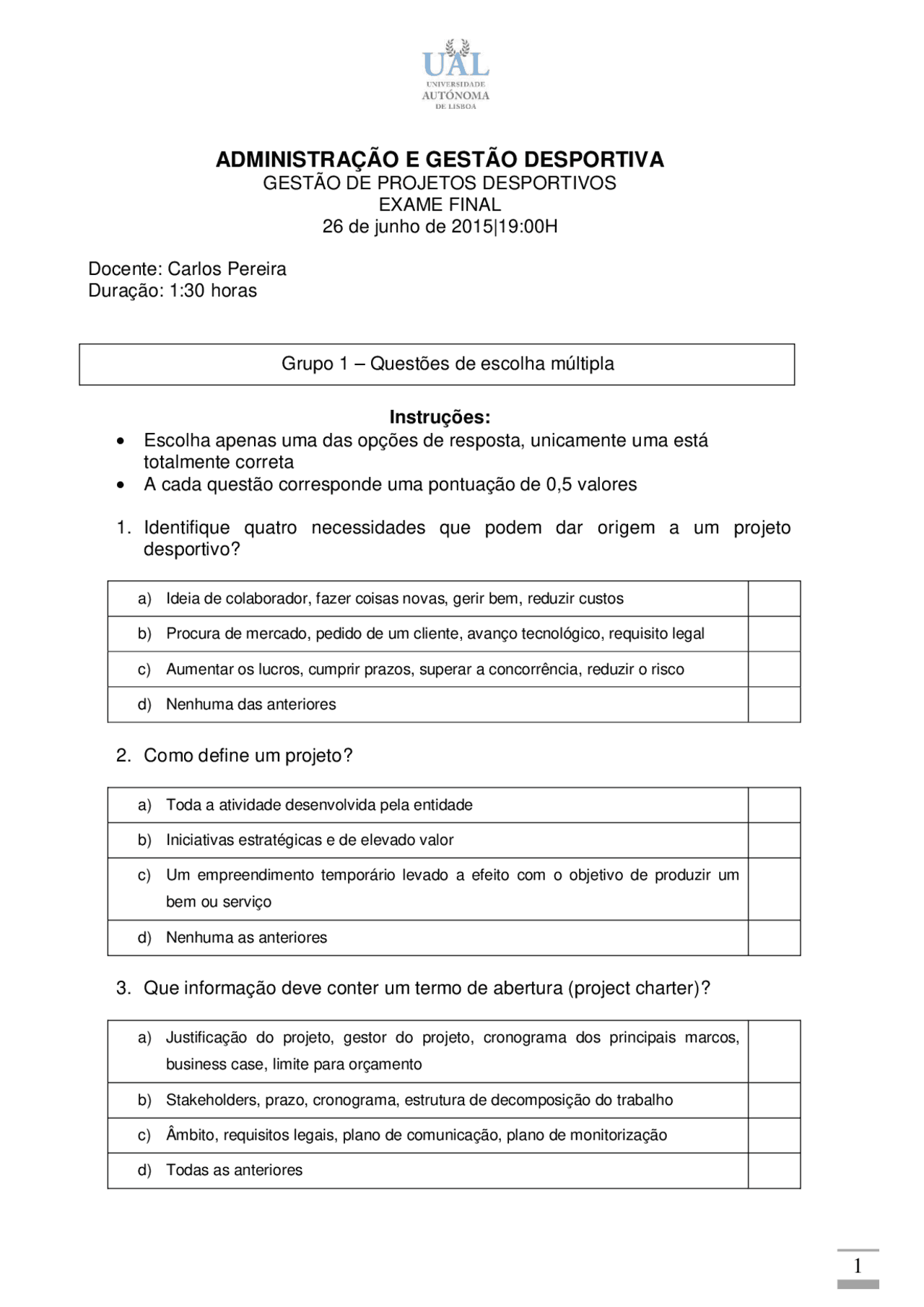 Exame Gestao Projetos Provas Gestão De Projeto Docsity