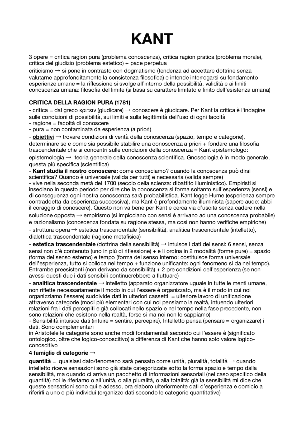 Appunti Su Kant Critica Della Ragion Pratica E Pura Docsity