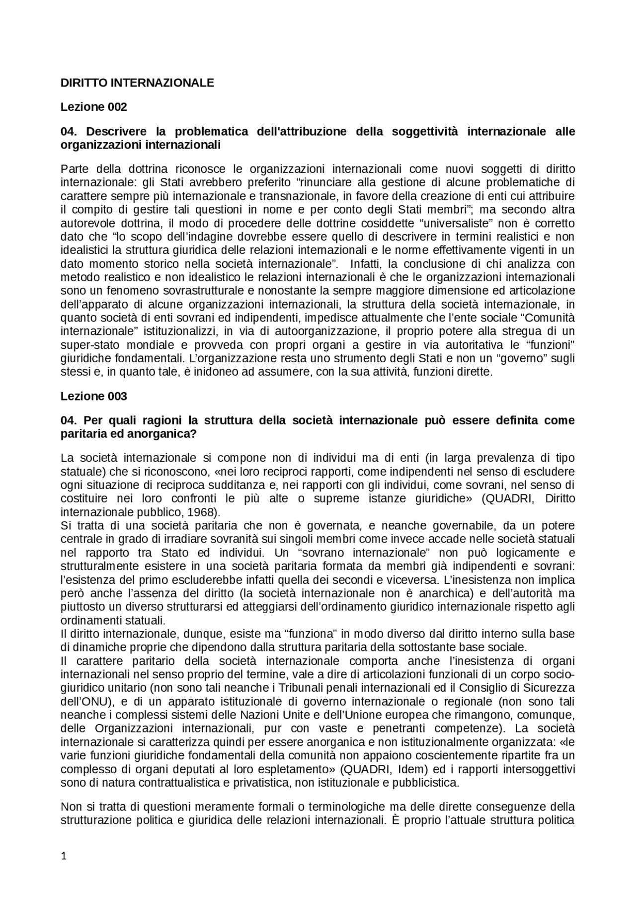 Diritto internazionale - Risposte Aperte - ESAME SUPERATO - V.30L - Docsity