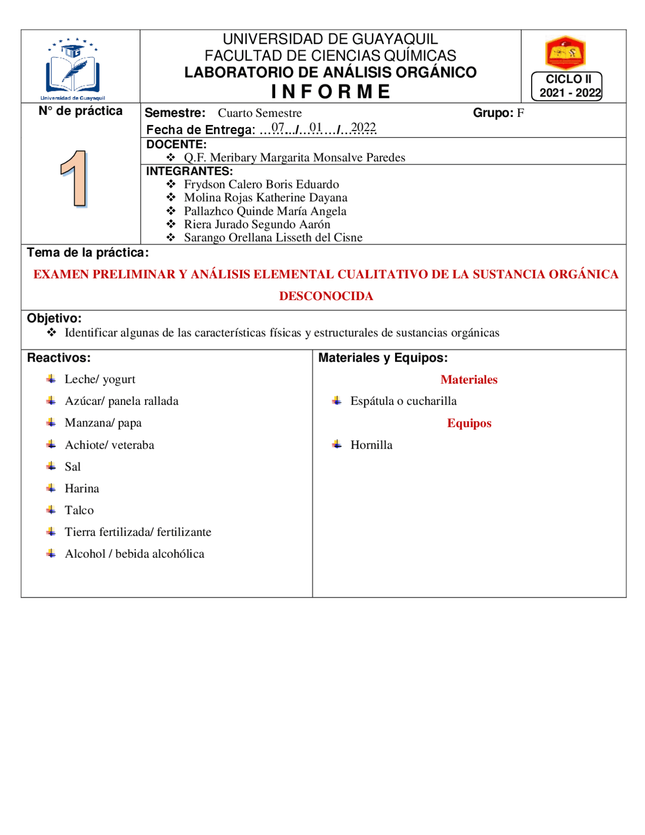 Examen Preliminar Y AnÁlisis Elemental Cualitativo De La Sustancia