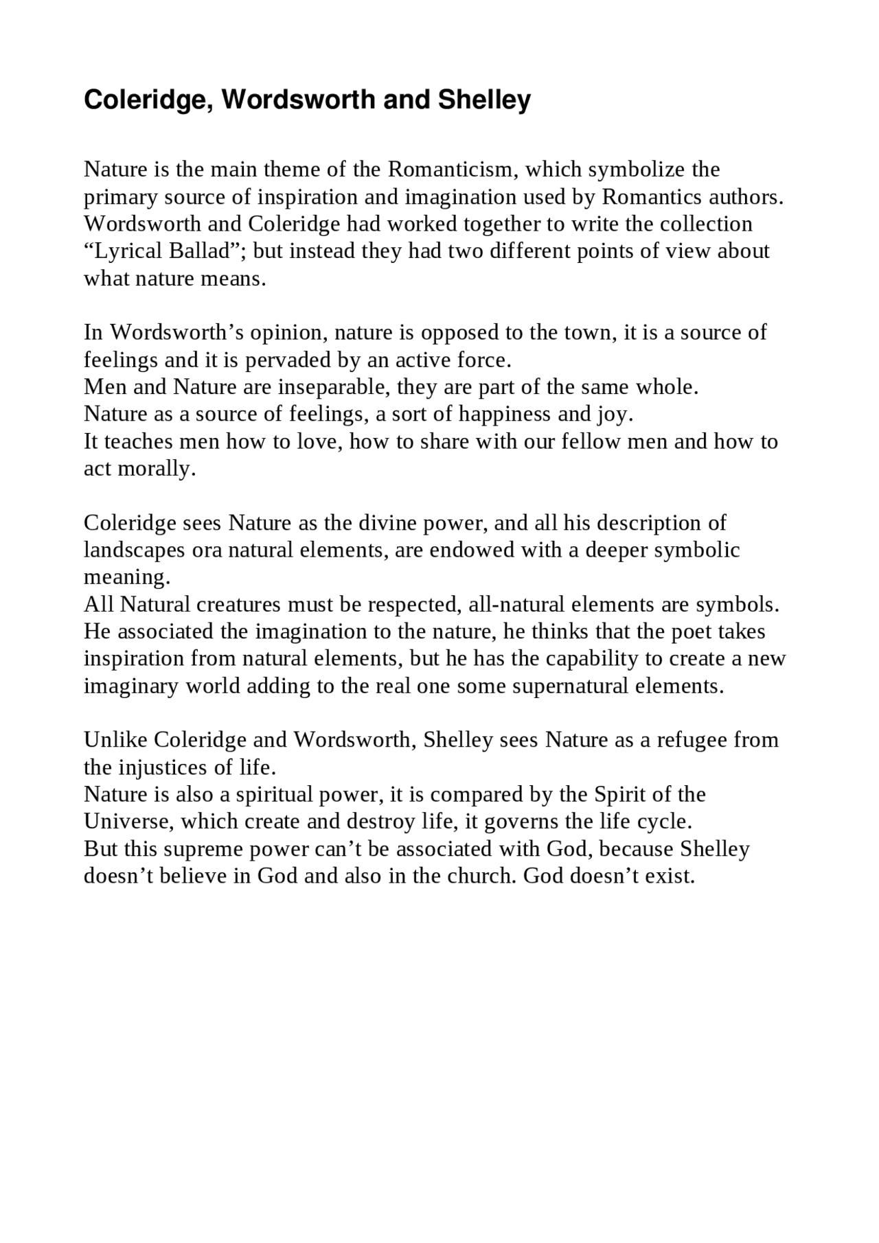 Comparison Between Coleridge Wordsworth And Shelley Docsity