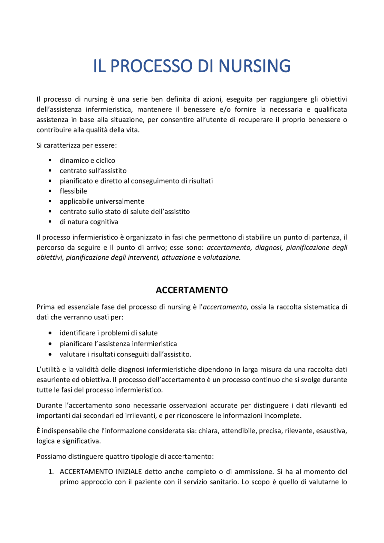 Il Processo Di Nursing Sintesi Del Corso Di Infermieristica Docsity