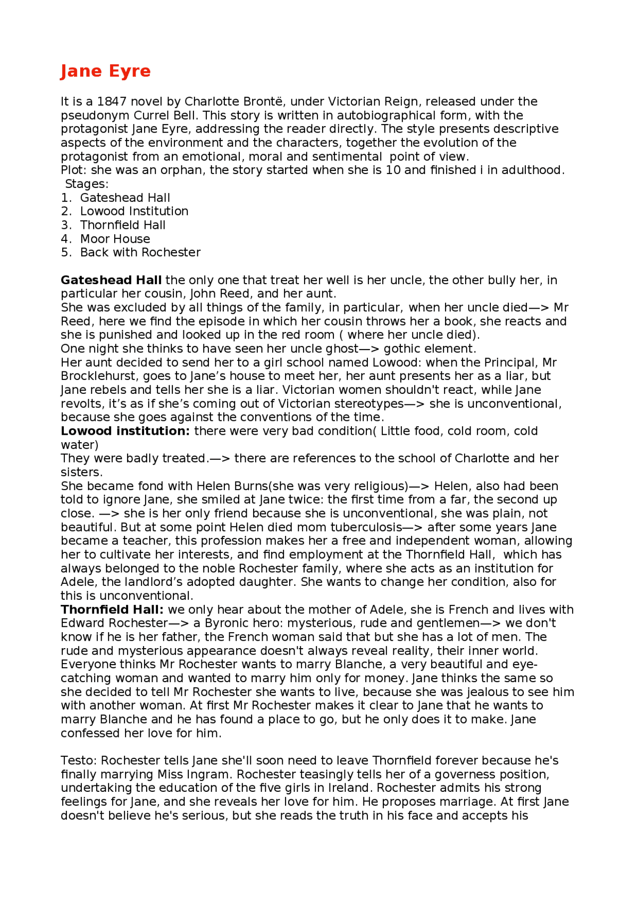 APPUNTI JANE EYRE, STEVENSON, OSCAR WILDE - Docsity