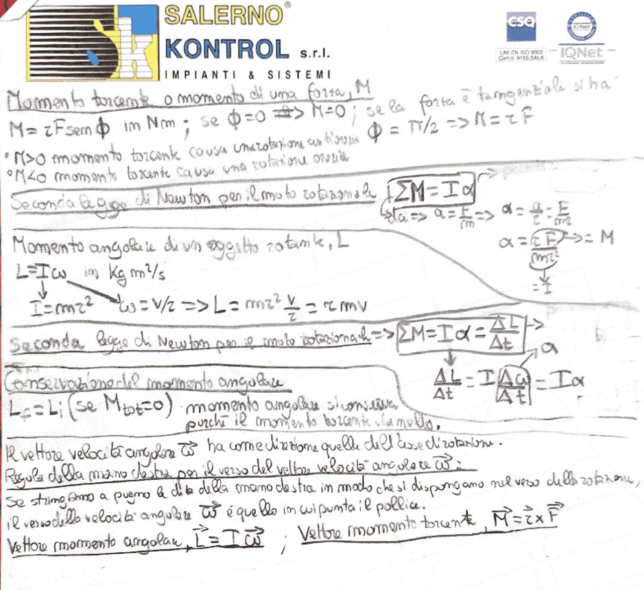 Momento torcente e momento angolare | Appunti di Fisica - Docsity